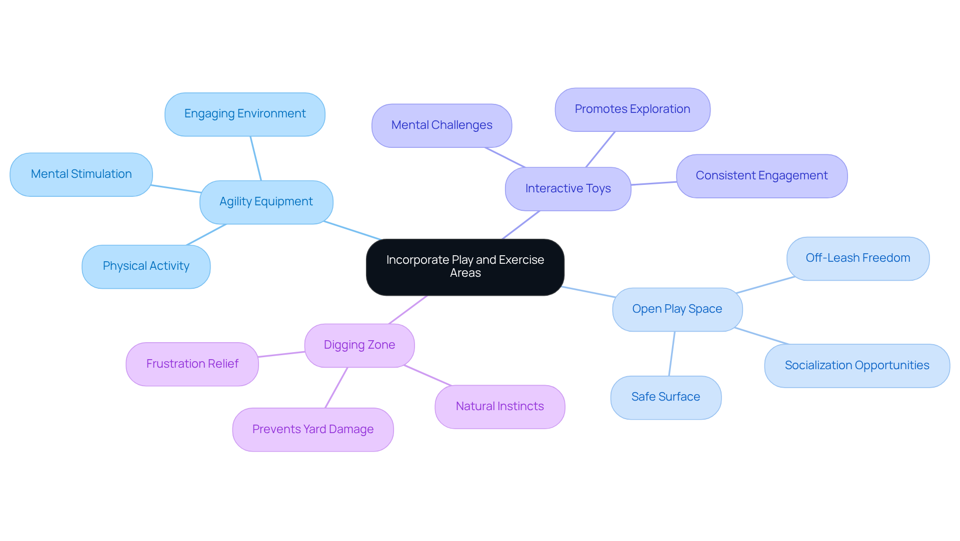 The central idea is about creating spaces for dogs to play and exercise. Each branch represents a different type of play area, and the sub-branches explain why they are important and what they include. Follow the branches to see how each area contributes to your dog's happiness and health.
