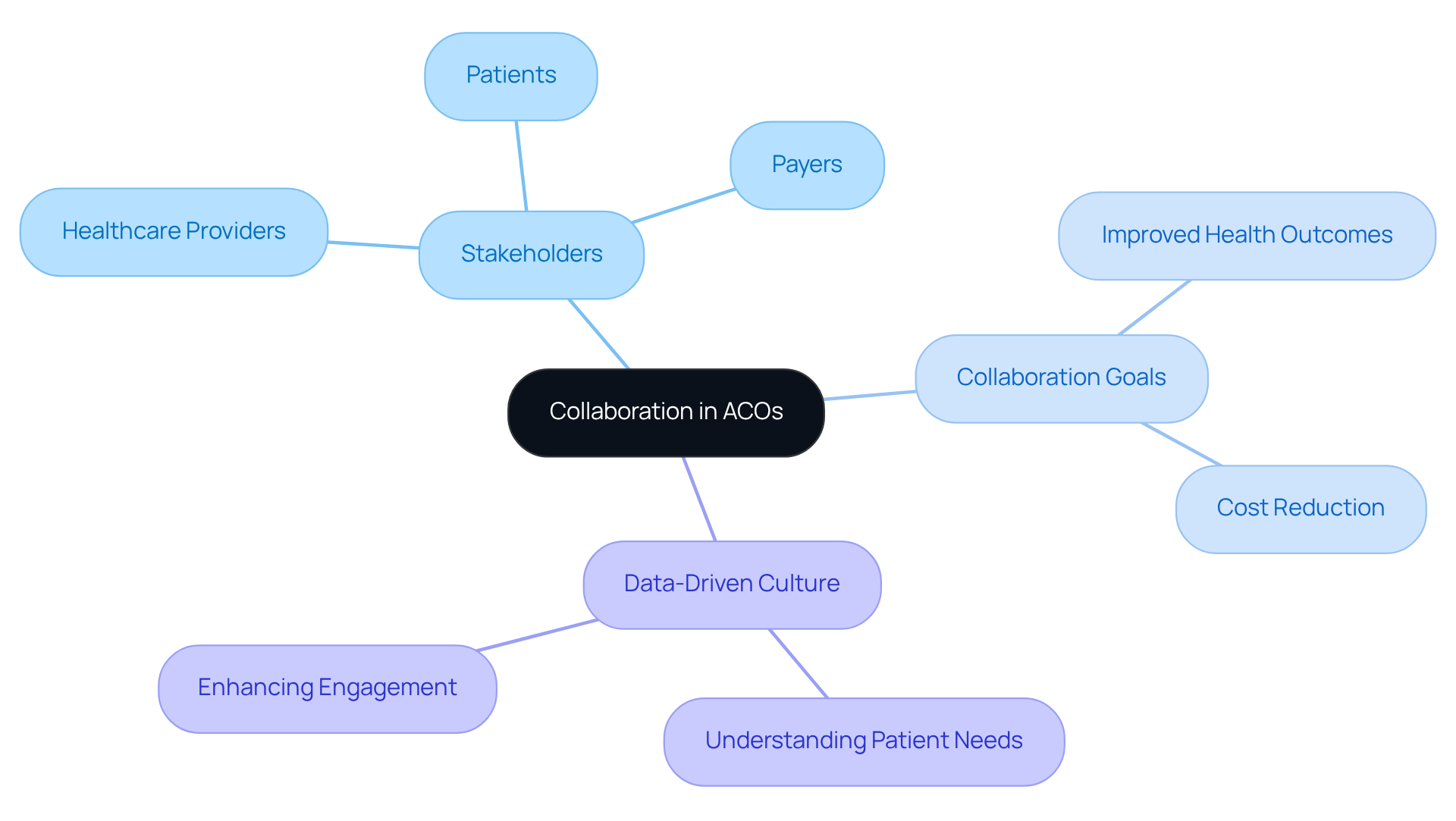 This mindmap shows how different stakeholders interact and collaborate within ACOs. Each branch represents a key area of focus, helping you see the connections and goals that drive better health outcomes.