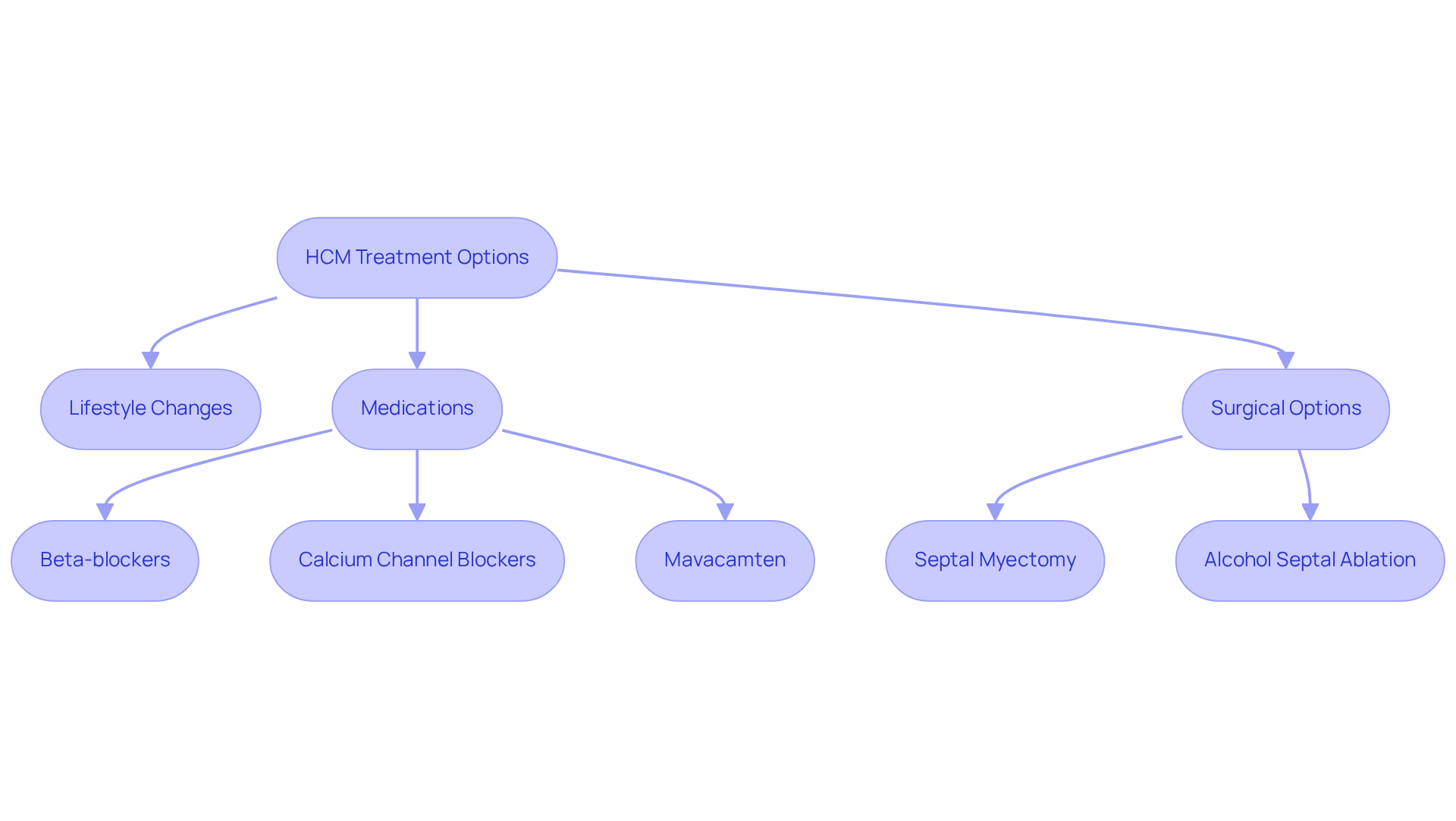 This flowchart outlines the treatment options for HCM. Start at the top with the main treatment categories, then follow the arrows to see specific medications and surgical options. Each path represents a different approach based on patient needs.