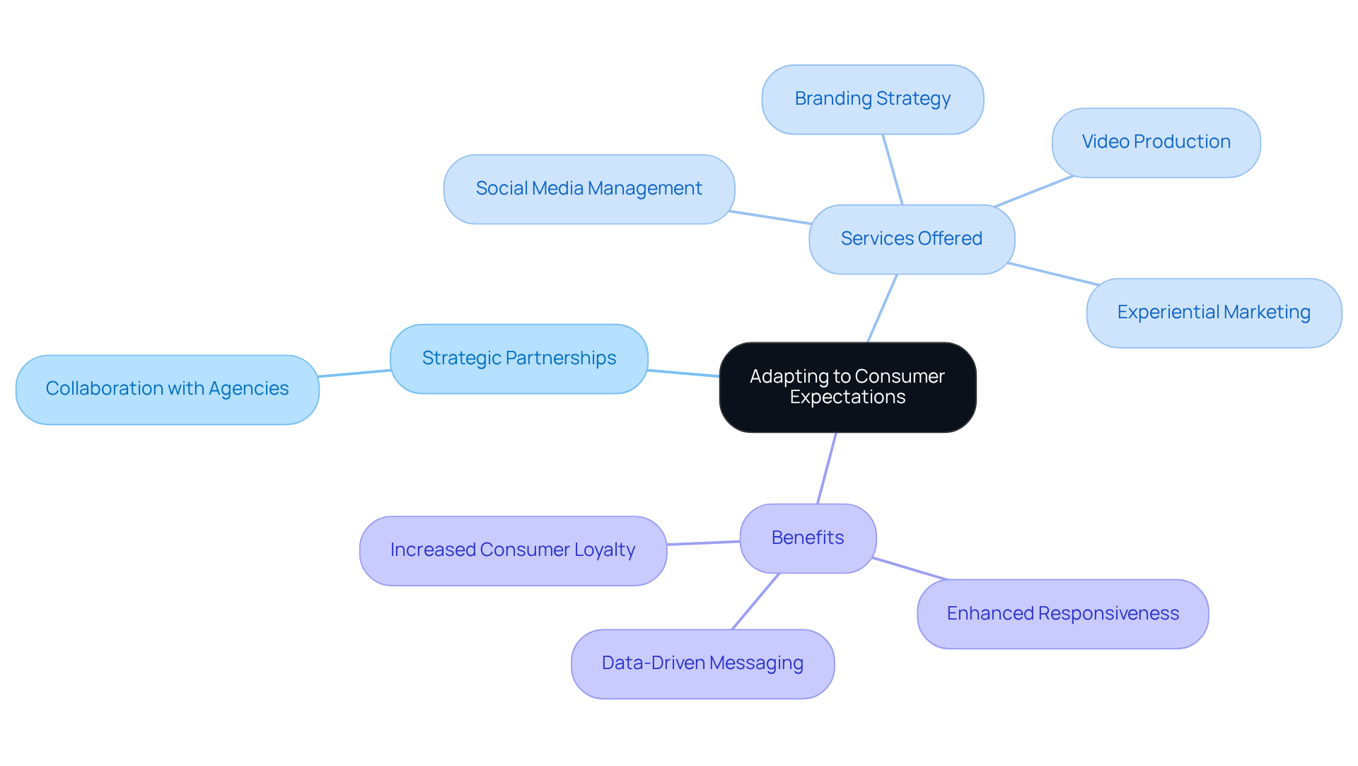 The central idea is about how brands can adapt to changing consumer expectations through partnerships. Each branch represents a different aspect of this strategy, showing how services and benefits connect to the main goal of staying relevant in the market. The central idea is about how brands can adapt to changing consumer expectations through partnerships. Each branch represents a different aspect of this strategy, showing how services and benefits connect to the main goal of staying relevant in the market.