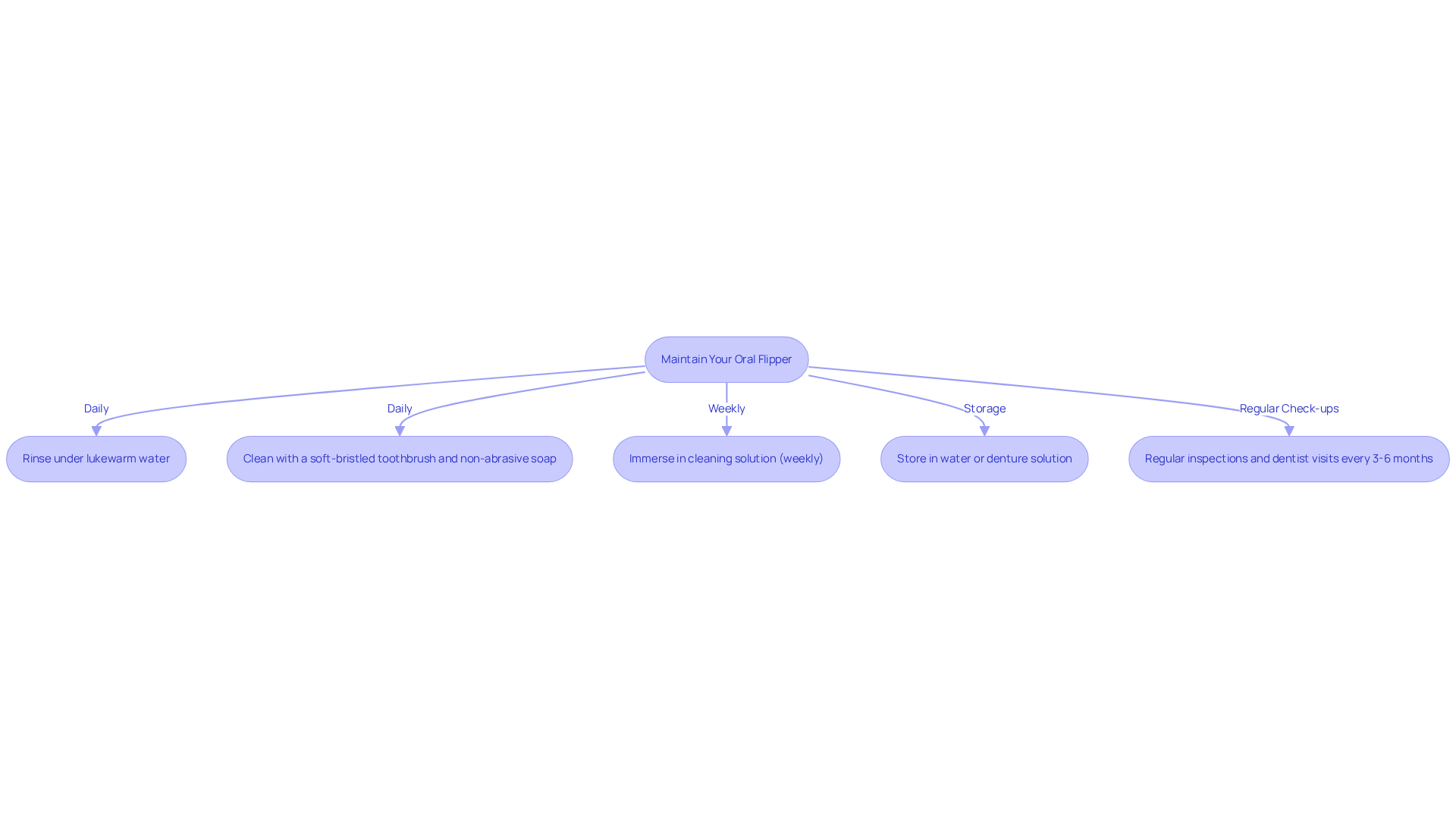 Follow the arrows to see what you need to do daily, weekly, and for regular check-ups to keep your oral flipper in great shape!