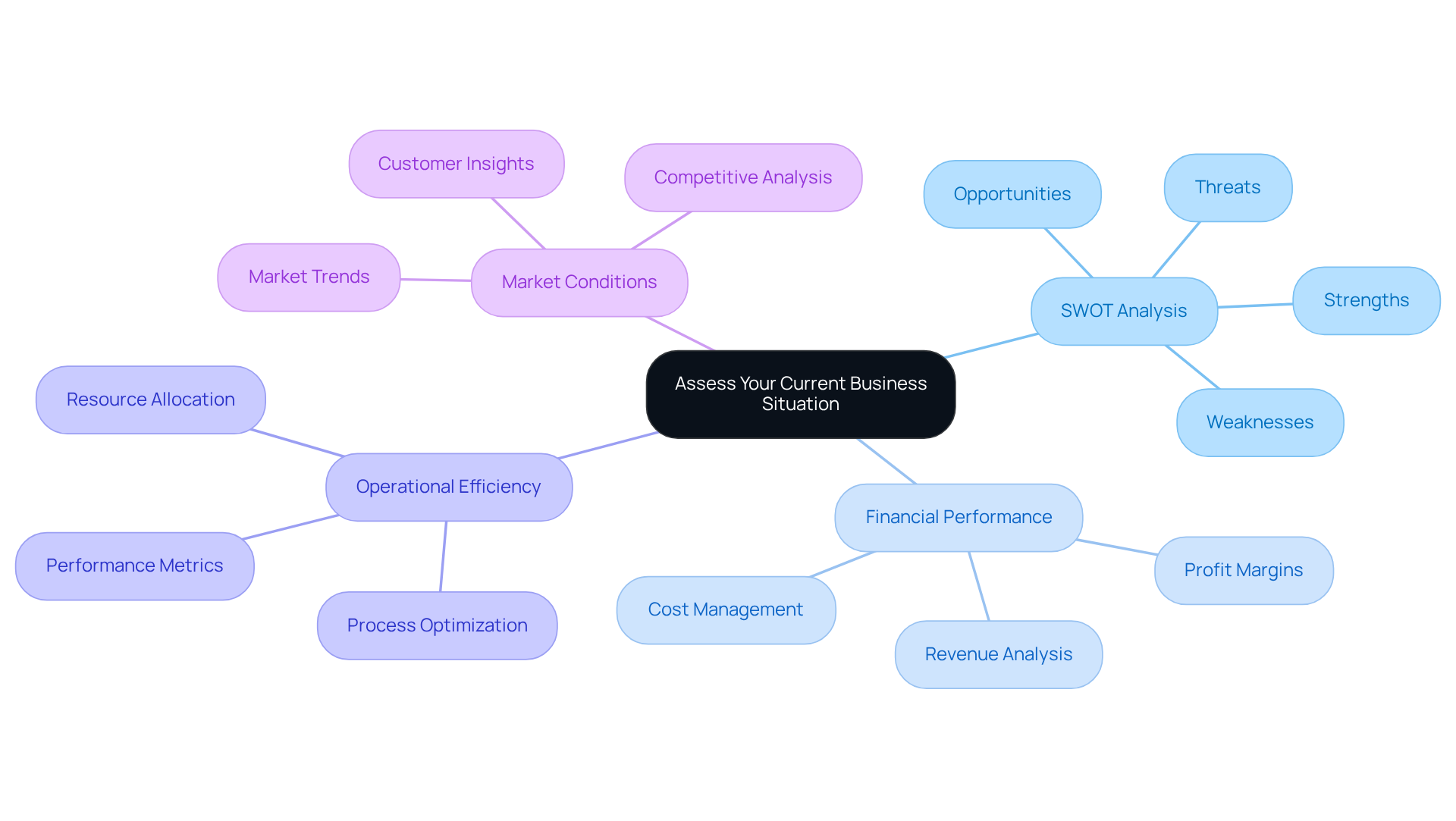 The center represents the main goal of assessing your business. Each branch shows a key area to focus on, and the sub-branches provide specific actions or considerations to help you dive deeper into each topic. The center represents the main goal of assessing your business. Each branch shows a key area to focus on, and the sub-branches provide specific actions or considerations to help you dive deeper into each topic.