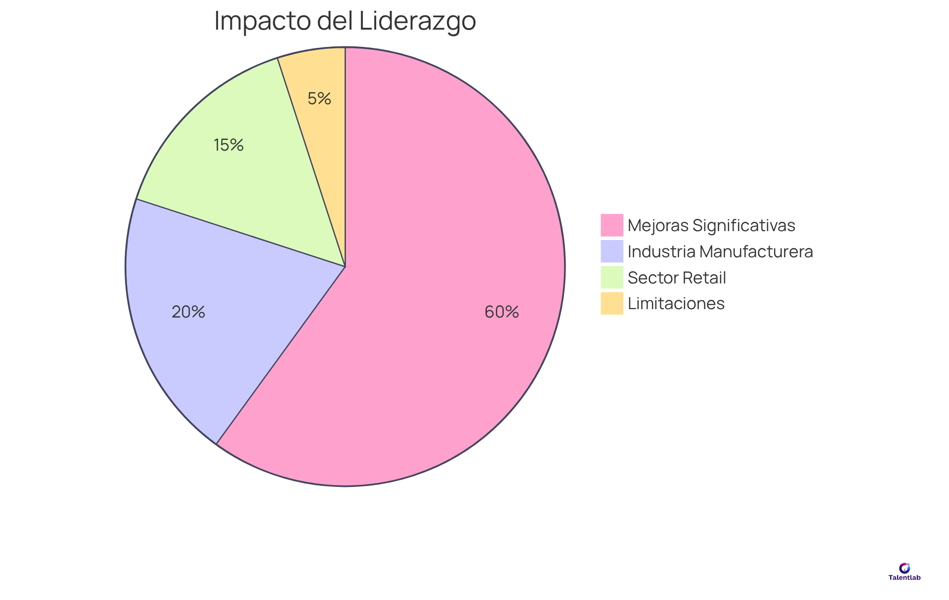 Cada segmento del gráfico representa una parte del total. El 60% muestra las organizaciones que han mejorado su rendimiento, mientras que los otros segmentos indican cómo se aplica este enfoque en diferentes sectores y sus limitaciones. Cuanto más grande sea el segmento, más organizaciones se ven afectadas por esa categoría.