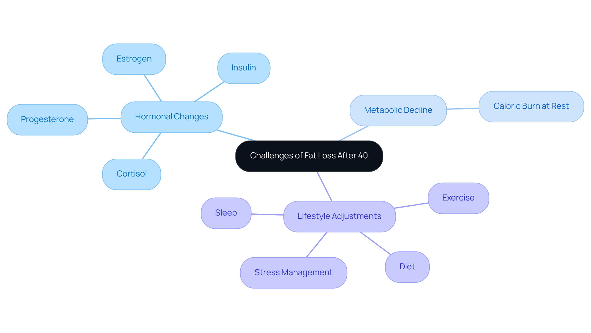 The central node represents the main topic, while the branches show the key factors affecting fat loss. Each sub-branch provides more detail on specific hormones or lifestyle changes that play a role in this journey. The central node represents the main topic, while the branches show the key factors affecting fat loss. Each sub-branch provides more detail on specific hormones or lifestyle changes that play a role in this journey.