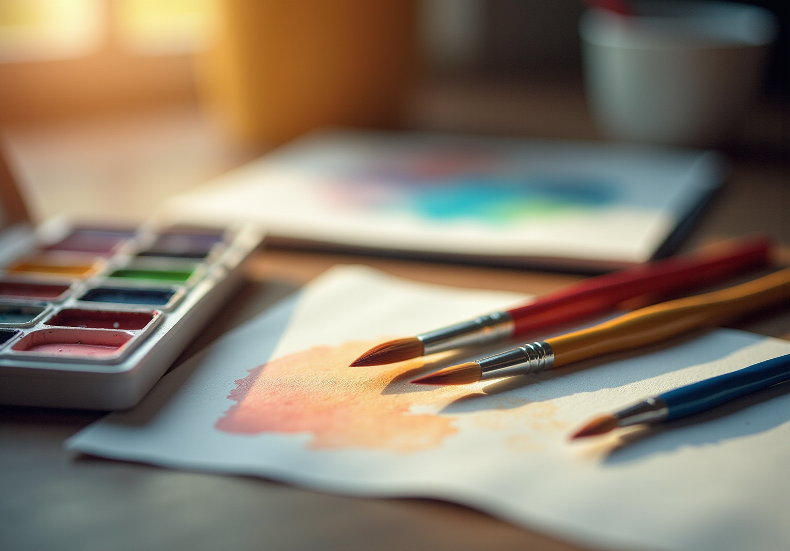 Artistic Workspace with Cotman Watercolor Brushes Artistic Workspace with Cotman Watercolor Brushes