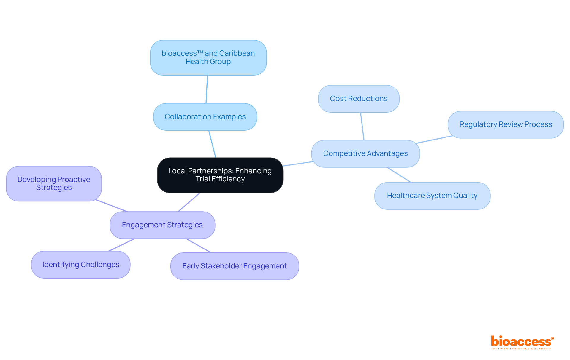The center represents the main theme of local partnerships, with branches showing examples, advantages, and strategies. Each branch highlights important aspects that contribute to enhancing trial efficiency.