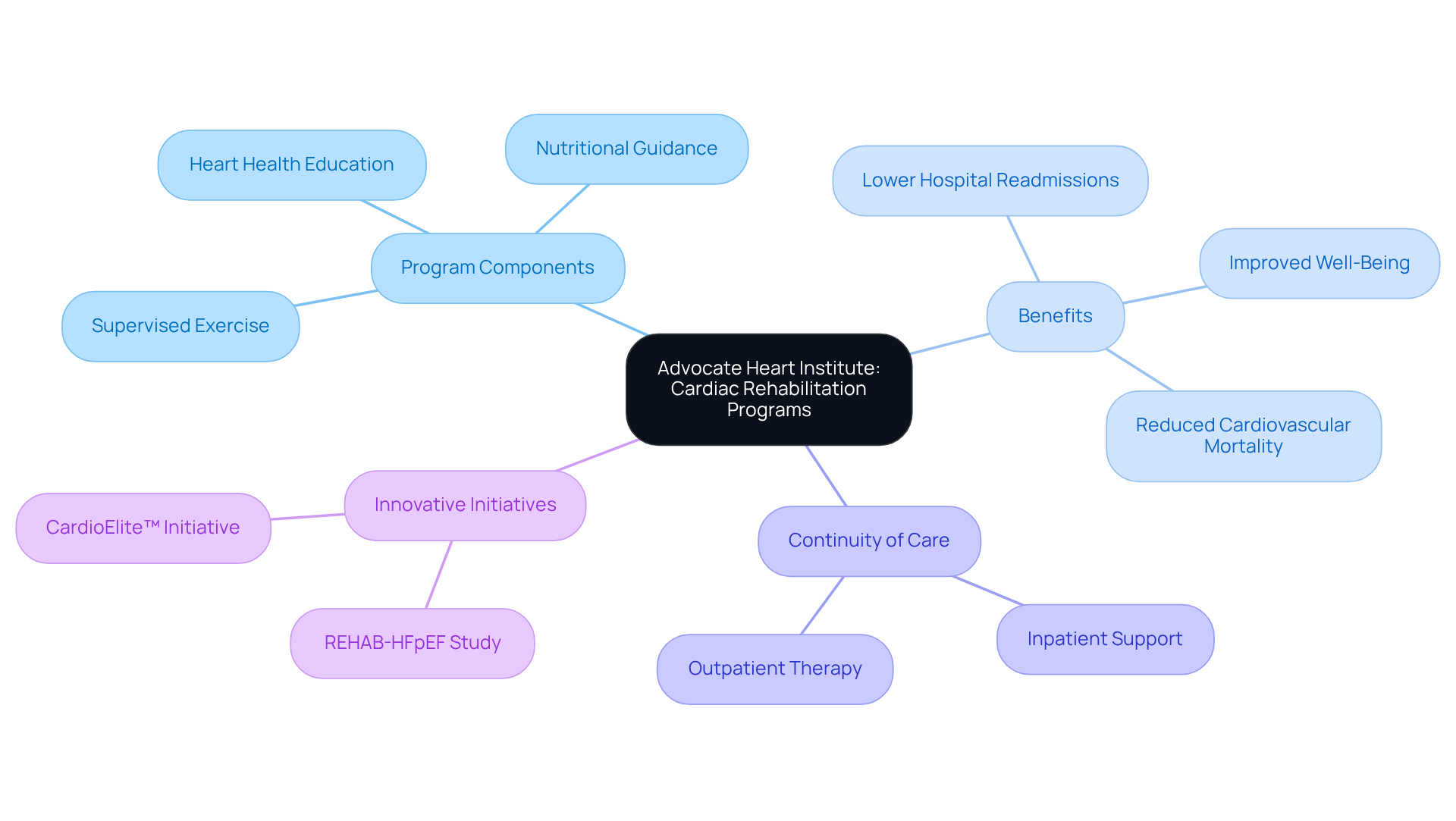 This mindmap shows how Advocate Heart Institute's cardiac rehabilitation program is structured. Start at the center with the main program, then explore the branches to see the different components and their benefits. Each color represents a different aspect of the program, helping you understand how they all connect to support heart recovery.