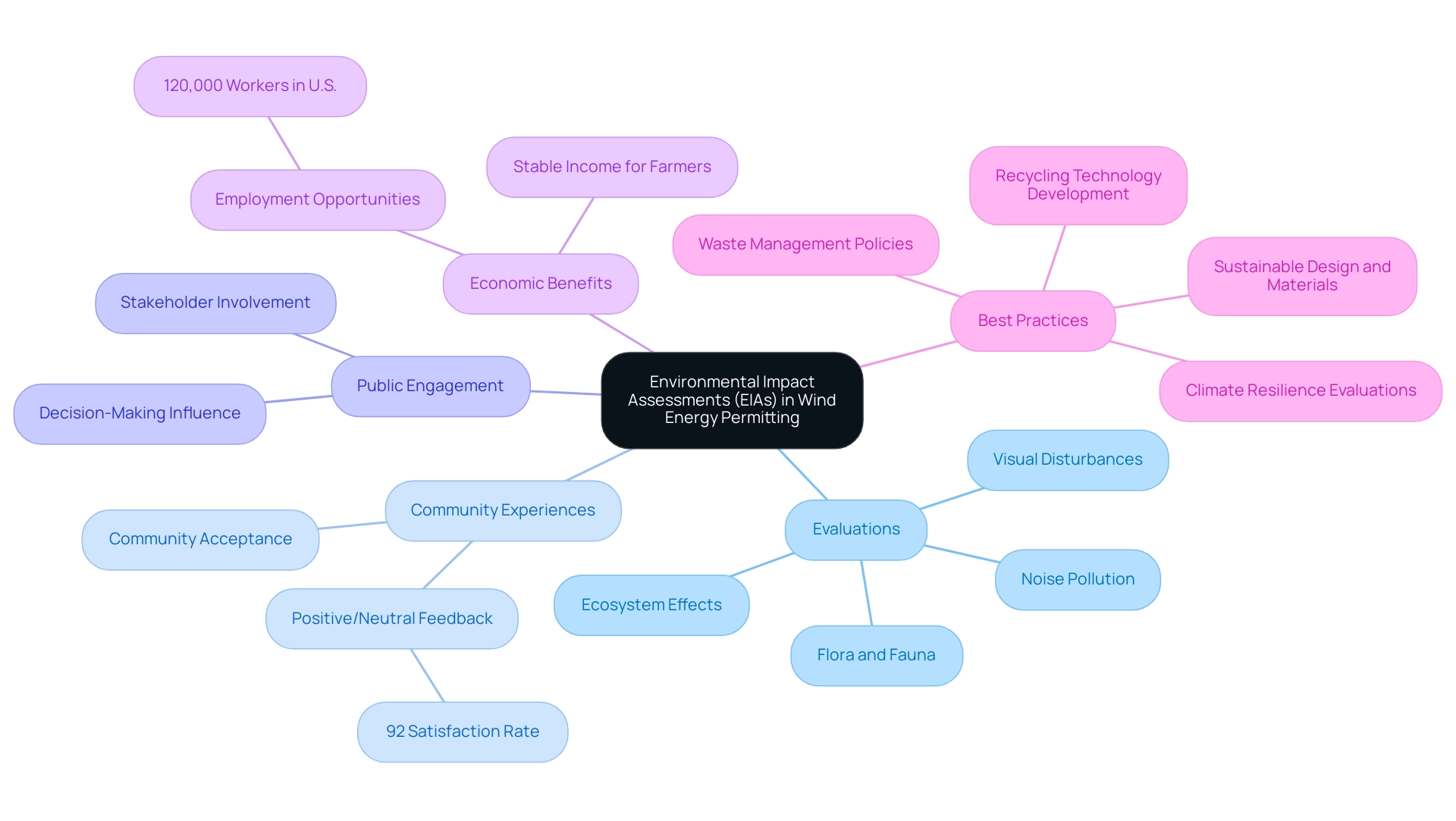 Each branch represents a key component of EIAs, with colors indicating different aspects such as evaluations, community responses, public engagement, economic impacts, and best practices.