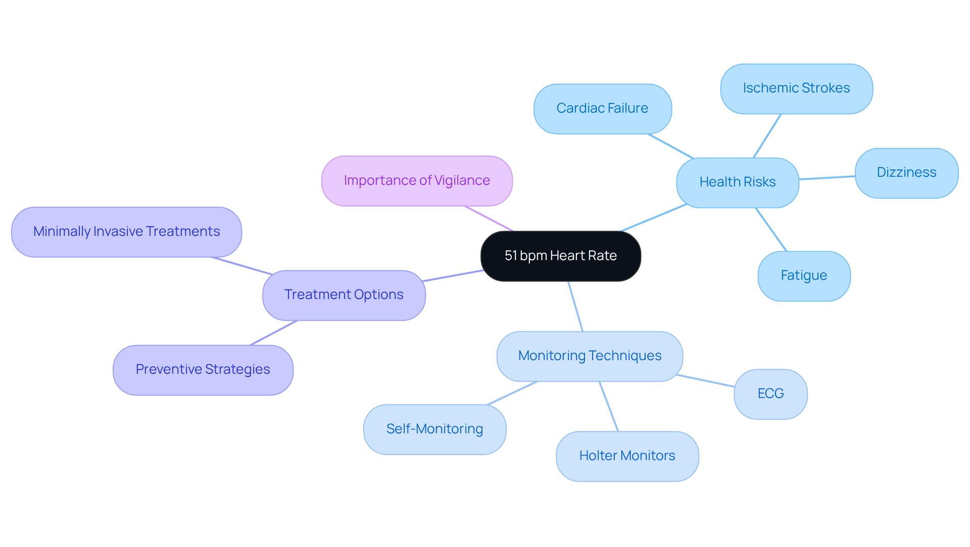 The central node represents the heart rate of 51 bpm, while the branches show related topics like health risks and monitoring methods. Each color-coded branch helps you see how these areas connect and why they matter for cardiovascular health.