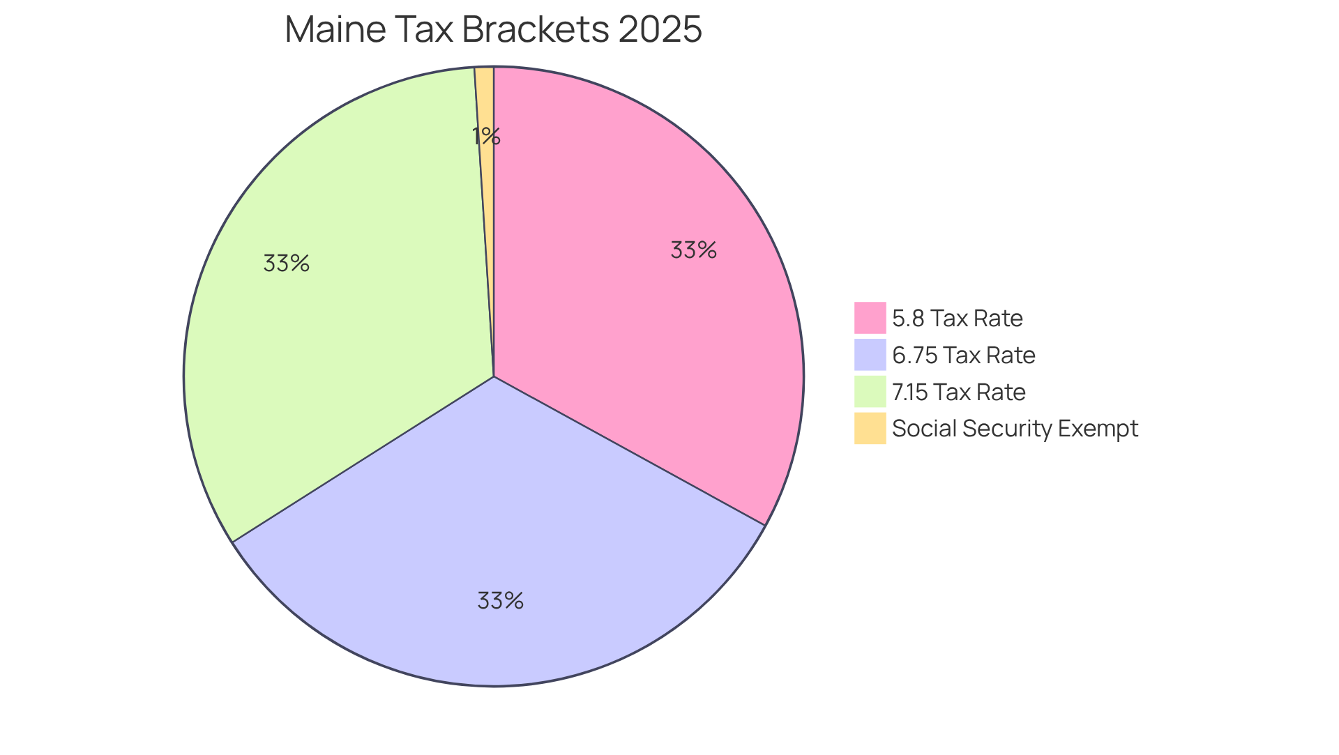 Each slice shows how much of your income may be taxed at each rate. The larger the slice, the more income is affected. The exemption for Social Security means that portion isn't taxed at all!
