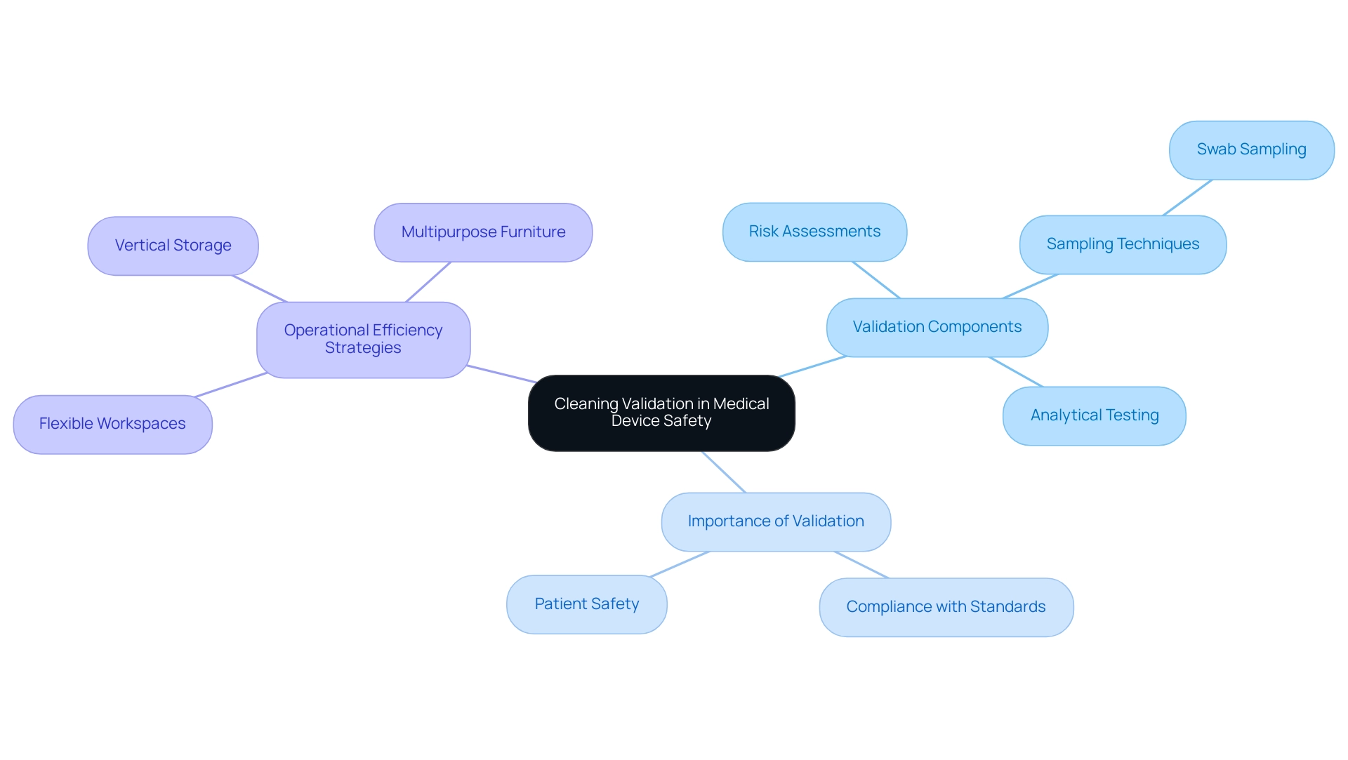 The central node represents the overall topic, with branches for validation components, importance, and operational strategies, color-coded for clarity.