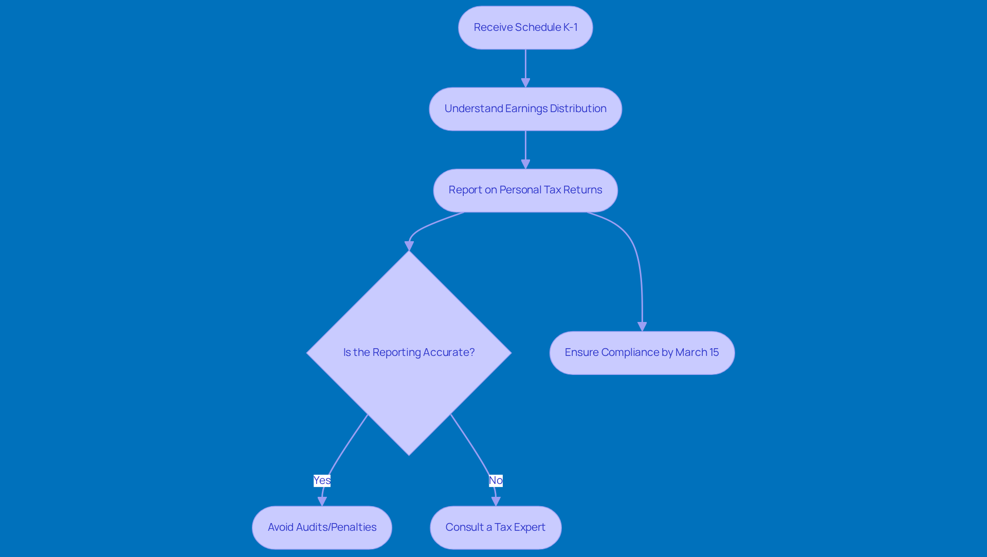 This flowchart guides you through the process of handling Schedule K-1. Start by receiving the form, then understand how earnings are distributed, report them accurately, and ensure compliance to avoid issues. If you're unsure about accuracy, it's wise to consult a tax expert.