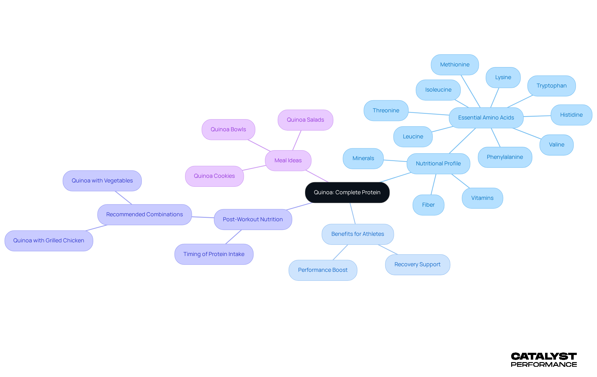 The central node represents quinoa's role as a complete protein, while the branches show its various benefits and how to incorporate it into meals. Each color-coded branch helps you quickly identify different aspects of quinoa's nutritional value.