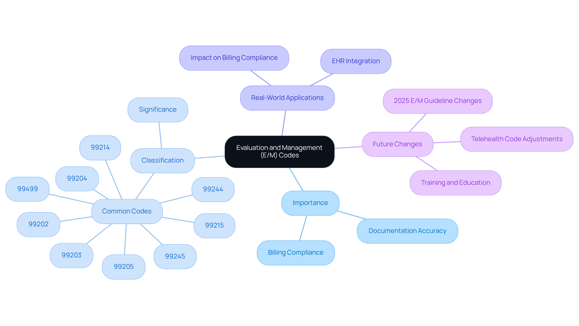 The central node represents E/M codes, while branches show their importance, classification, applications, and future changes. Each branch helps you understand different aspects of E/M codes and their role in healthcare.