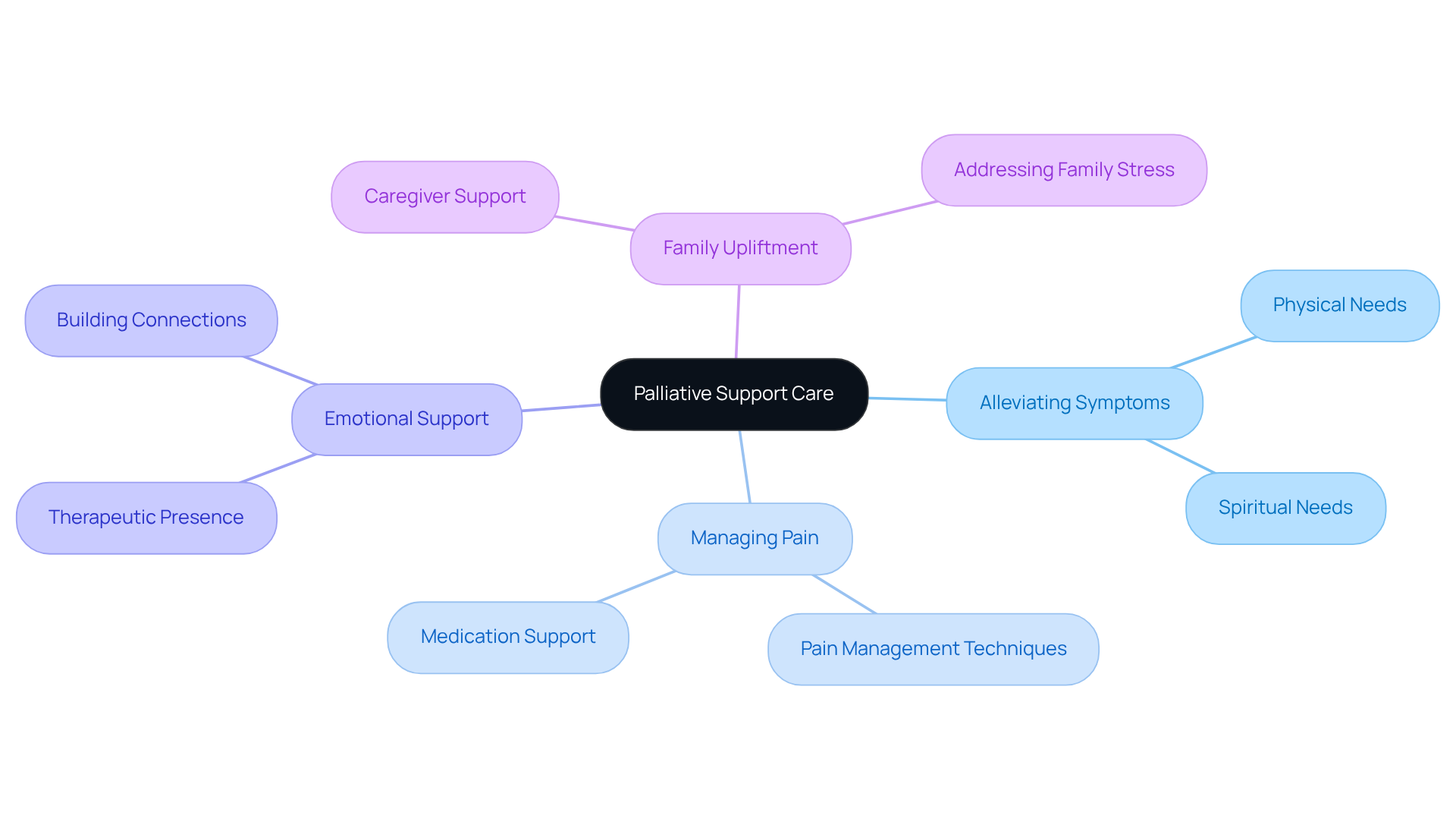 The central node represents the main theme of palliative care, while the branches show the different ways it enhances the quality of life for seniors and their families. Each branch highlights a key area of focus, illustrating the comprehensive nature of this support.