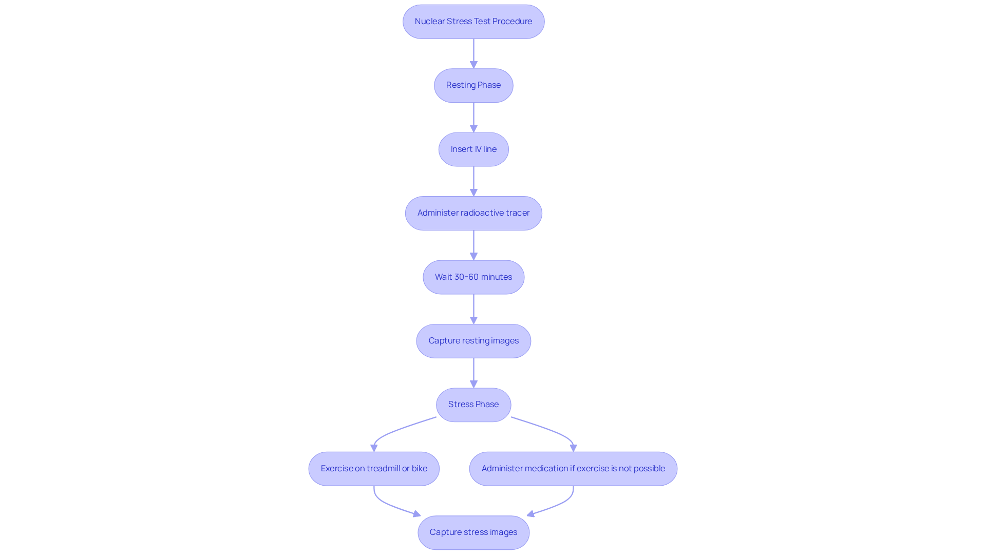 This flowchart outlines the steps involved in a nuclear stress test. Start at the top with the overall procedure, then follow the arrows to see each phase and the specific actions taken during resting and stress phases. Each color-coded section helps you understand the process clearly. This flowchart outlines the steps involved in a nuclear stress test. Start at the top with the overall procedure, then follow the arrows to see each phase and the specific actions taken during resting and stress phases. Each color-coded section helps you understand the process clearly.
