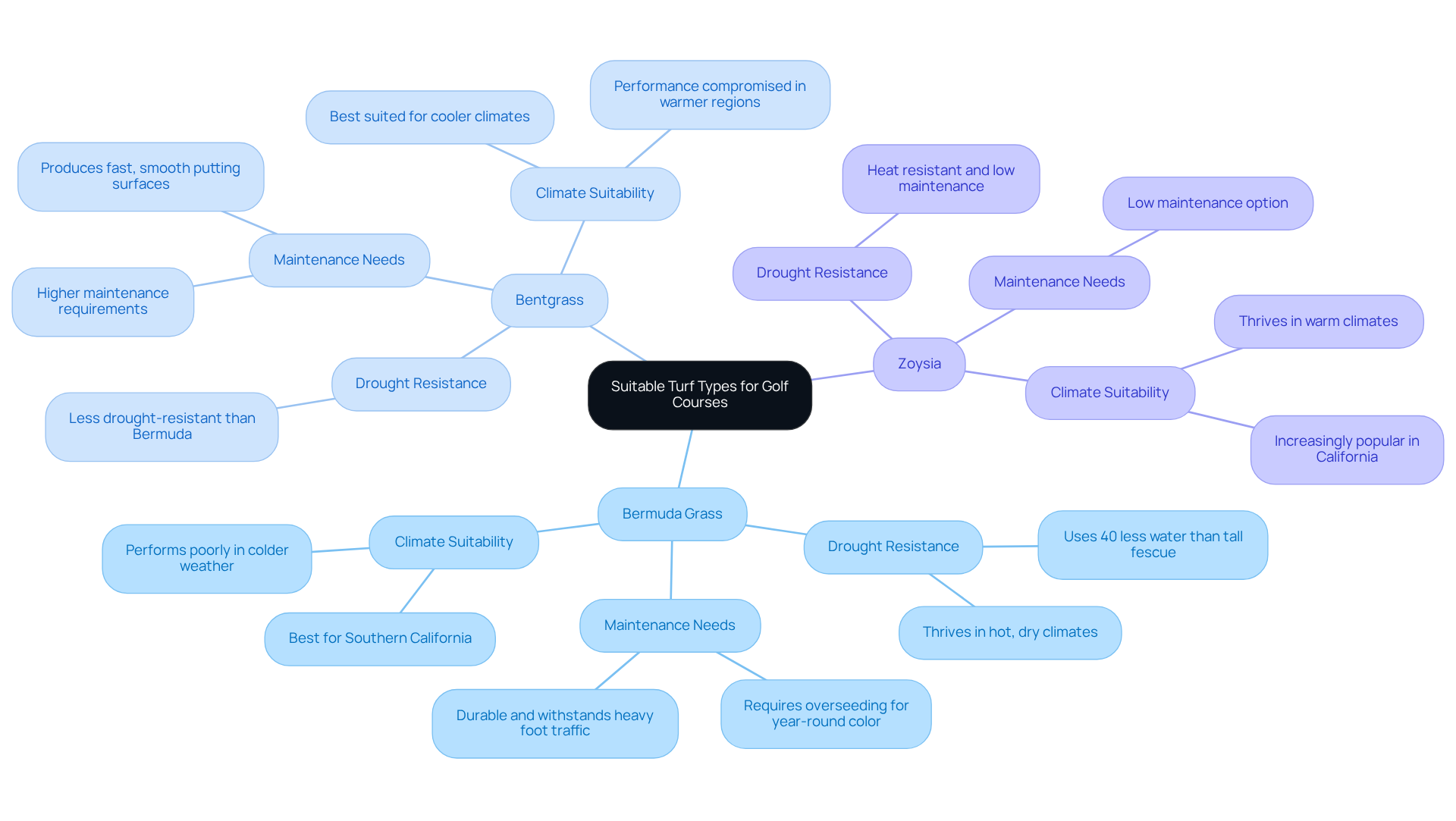 The central node represents the main topic of turf types. Each branch shows a different type of grass, with sub-branches explaining their unique features. This helps you see at a glance which grass might be best for your golf course or putting green. The central node represents the main topic of turf types. Each branch shows a different type of grass, with sub-branches explaining their unique features. This helps you see at a glance which grass might be best for your golf course or putting green.