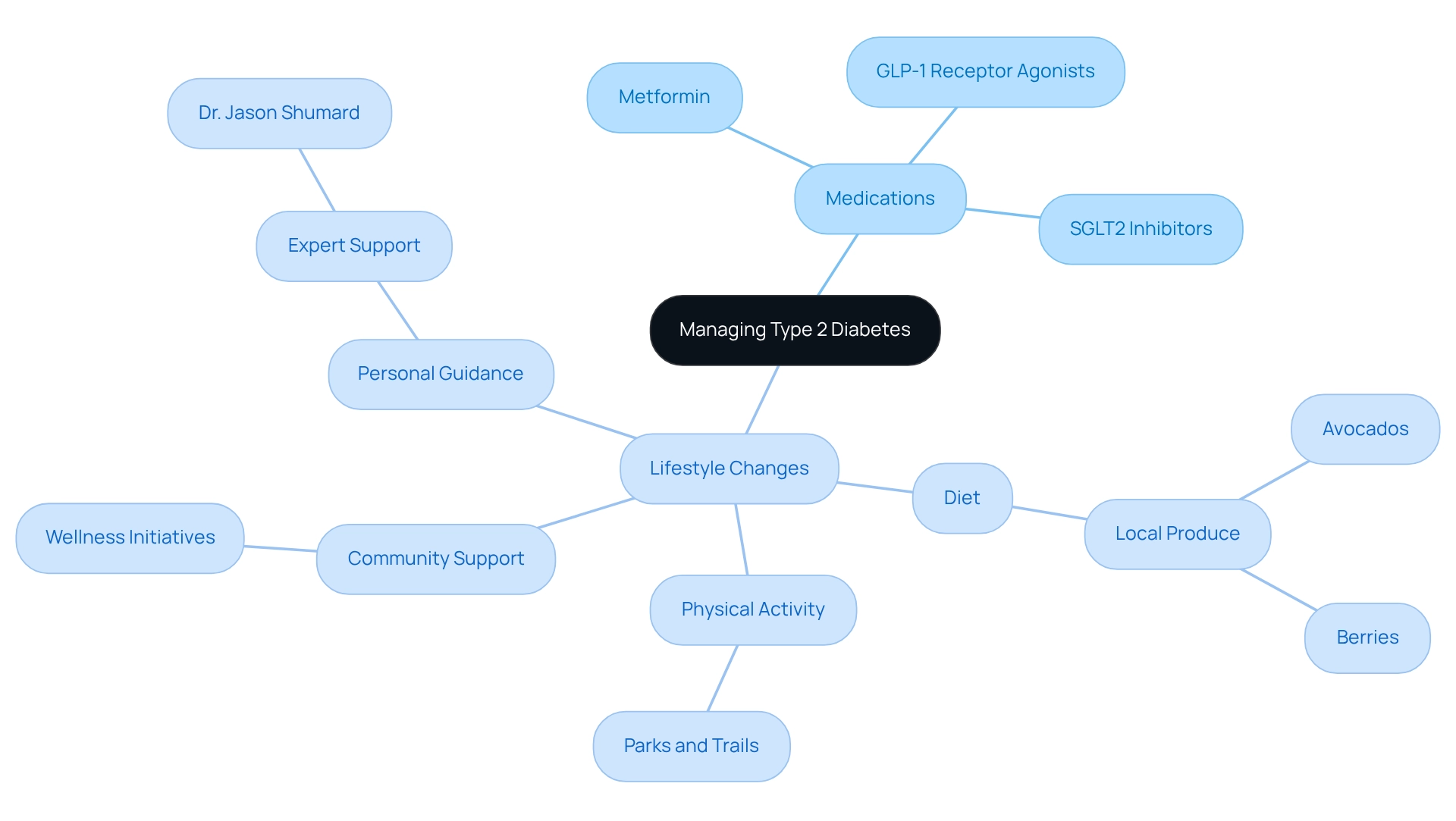 The central node represents the overall goal of managing type 2 diabetes, and the branches highlight the key components of medications and lifestyle changes, showing how each contributes to better health. The central node represents the overall goal of managing type 2 diabetes, and the branches highlight the key components of medications and lifestyle changes, showing how each contributes to better health.
