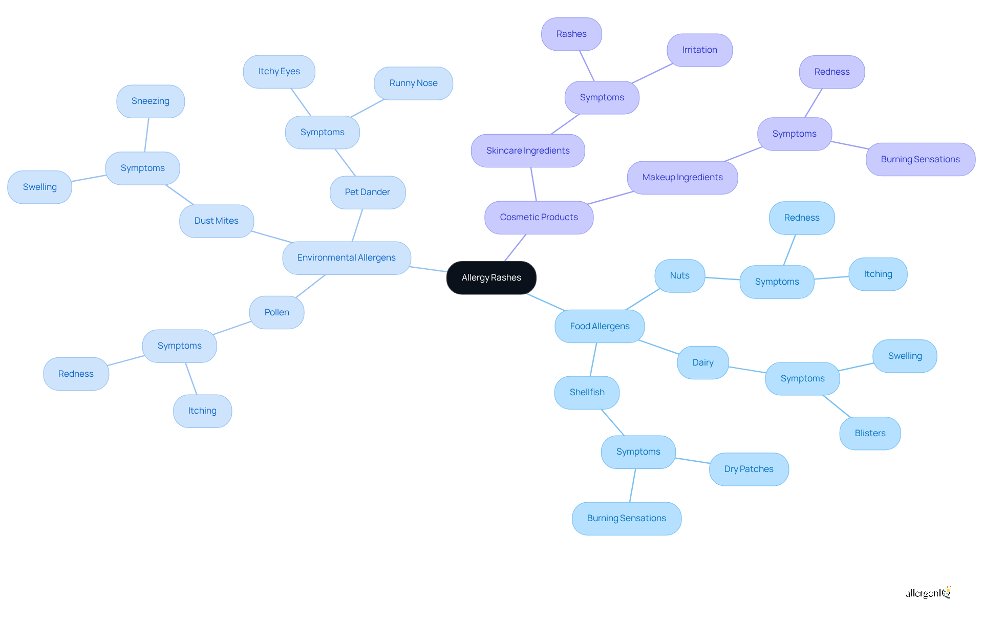 The central node represents allergy rashes, while the branches show different causes and symptoms. Each color-coded branch helps you quickly identify the type of allergen and its effects.