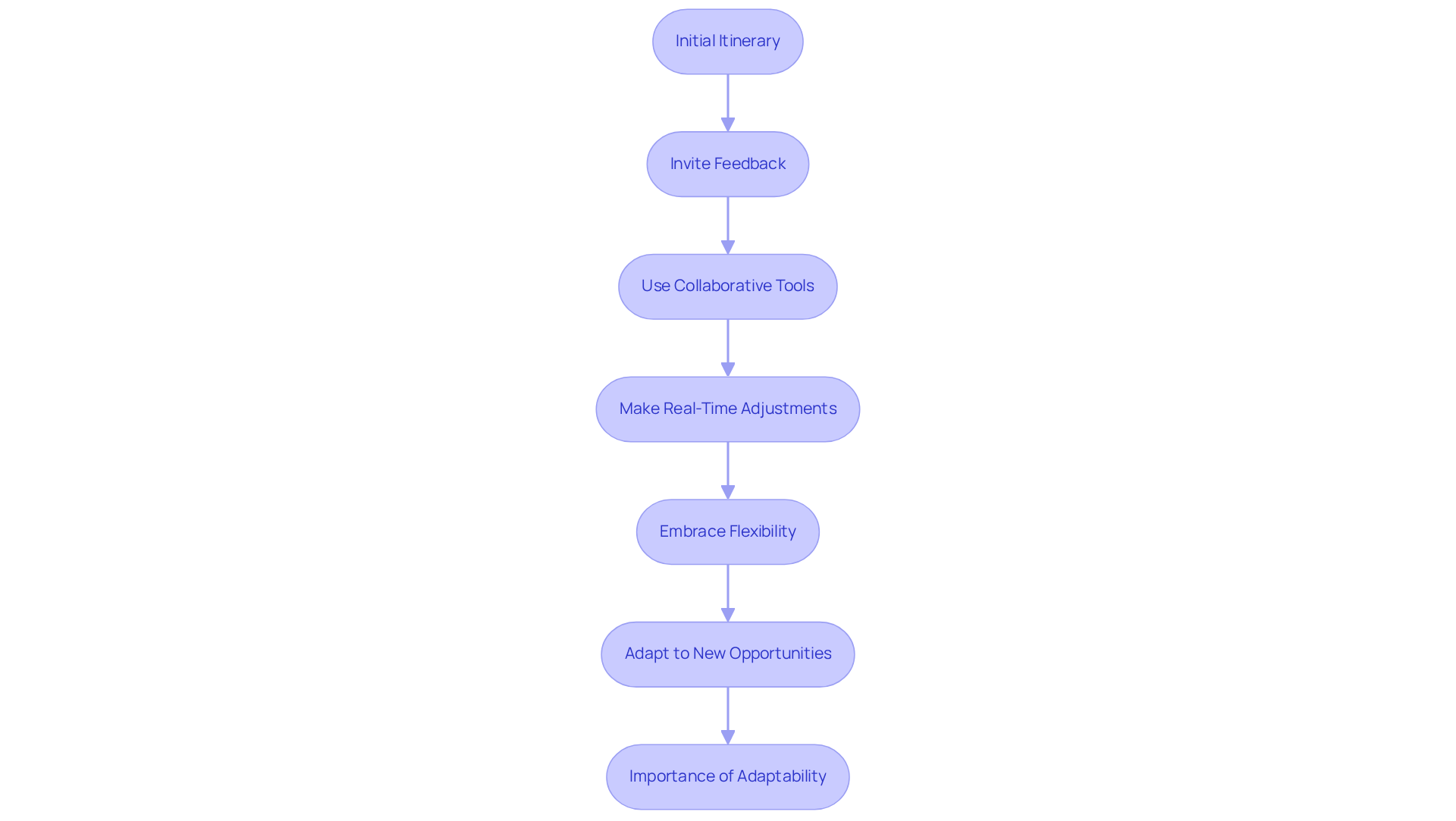 Follow the arrows to see how to adjust your travel plans based on feedback and new opportunities. Each step shows what to do next to ensure a fun and flexible travel experience.