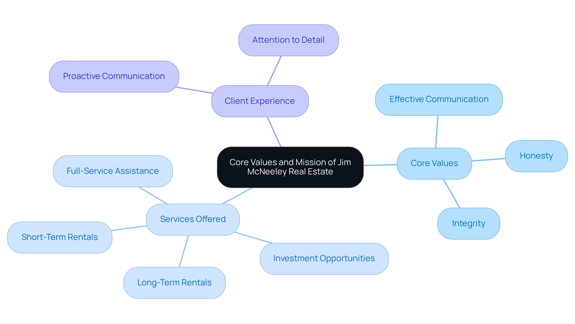 The central node represents the core values and mission, with branches illustrating the key values, services offered, and the overall impact on client experience.