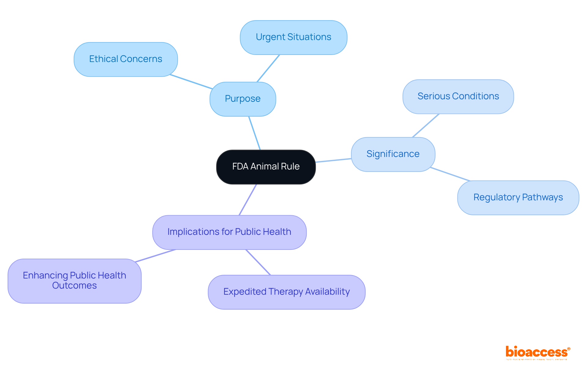 The central node represents the FDA Animal Rule, with branches showing its purpose, significance, and implications. Each branch provides insights into how this regulation impacts the approval process for critical therapies.