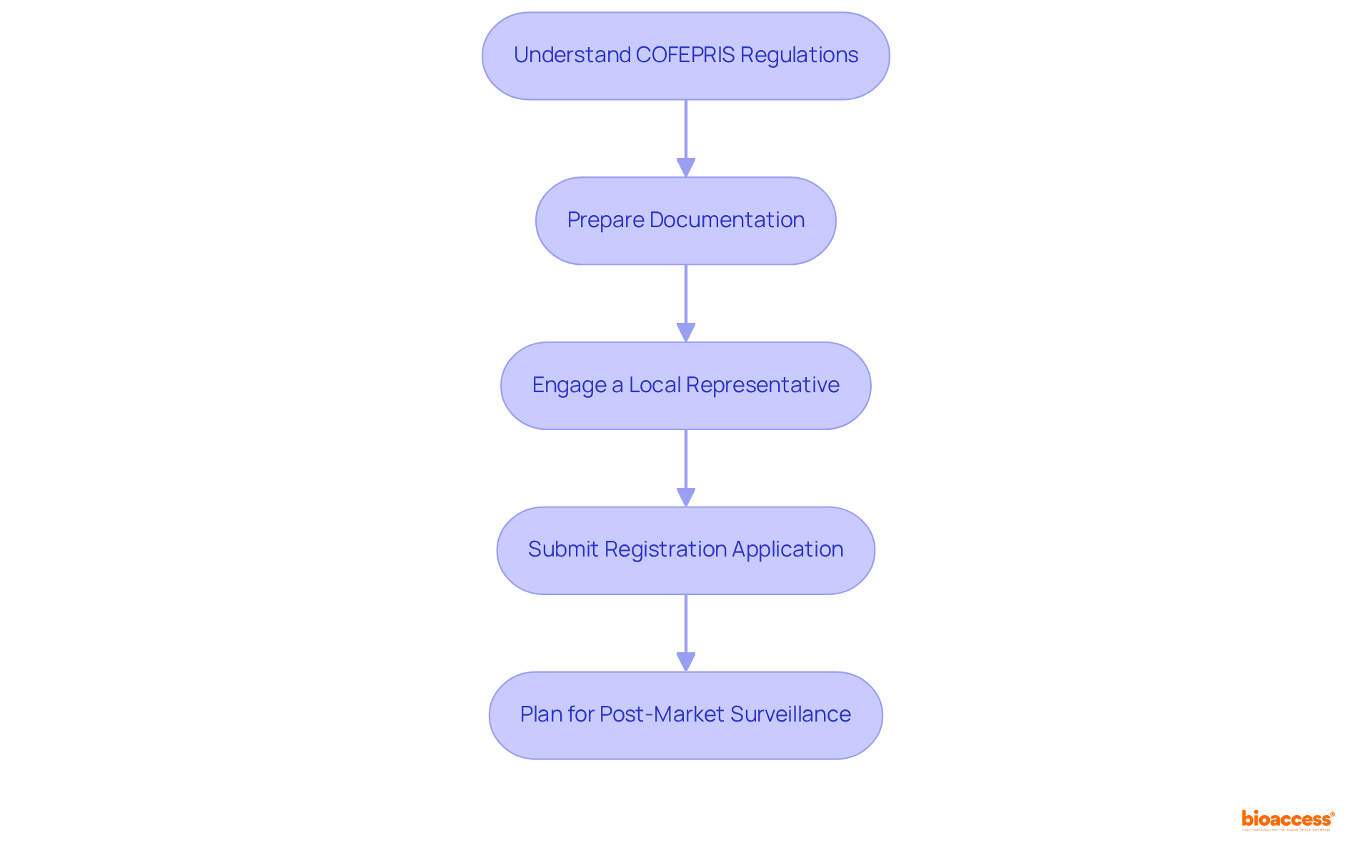 Each box represents a crucial step in the regulatory process. Follow the arrows to understand the order in which these steps should be completed to ensure successful market access.