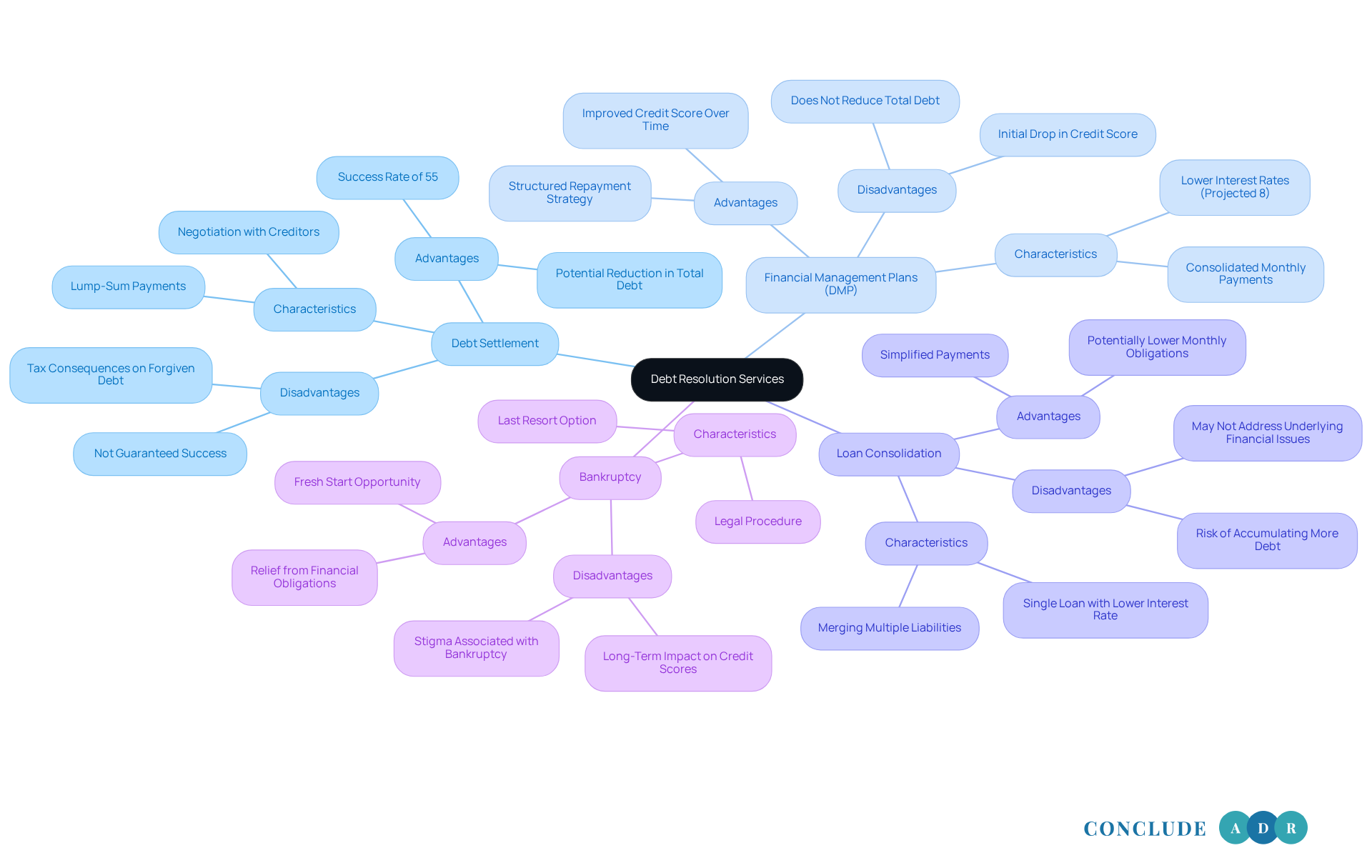 The central node represents the main topic, and each branch shows a different type of debt resolution service. The sub-branches provide details about the characteristics and implications of each service, helping you understand your options better.