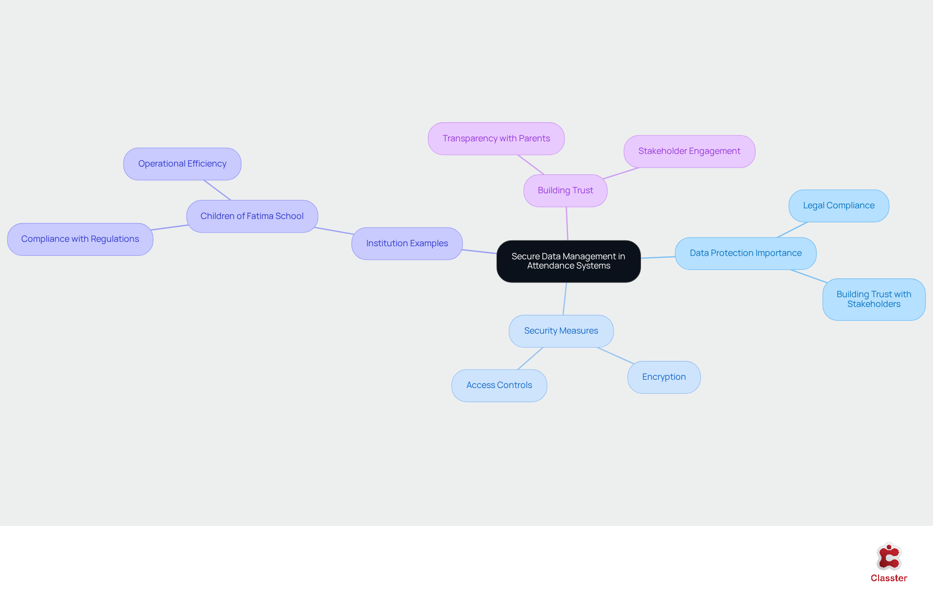 Start at the center with the main topic, then explore each branch to see how data protection, security measures, and institutional practices connect to build a secure environment for student information.