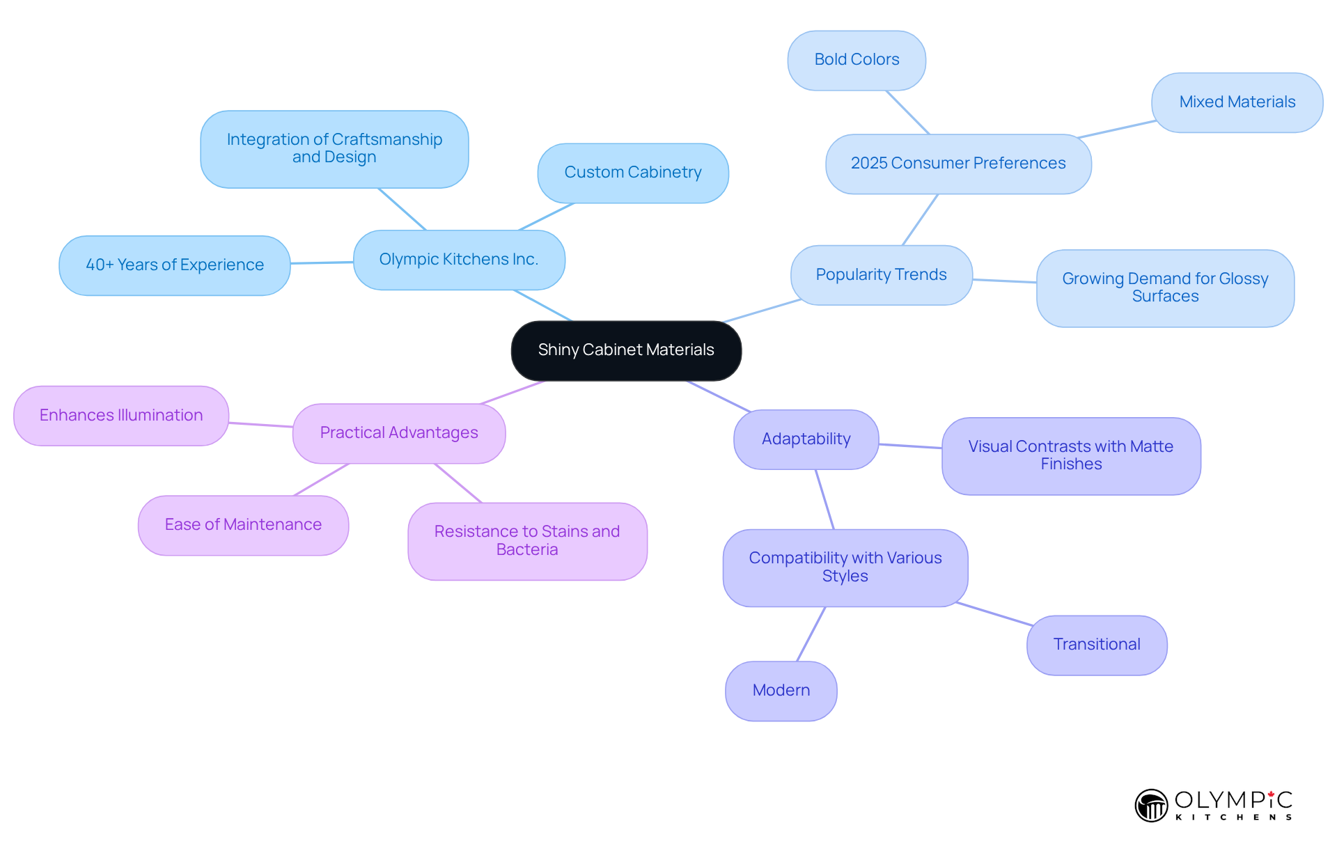 Start at the center with the main topicthen follow the branches to explore different aspects of shiny cabinet materialsincluding the company's expertisecurrent trendsand practical benefits.