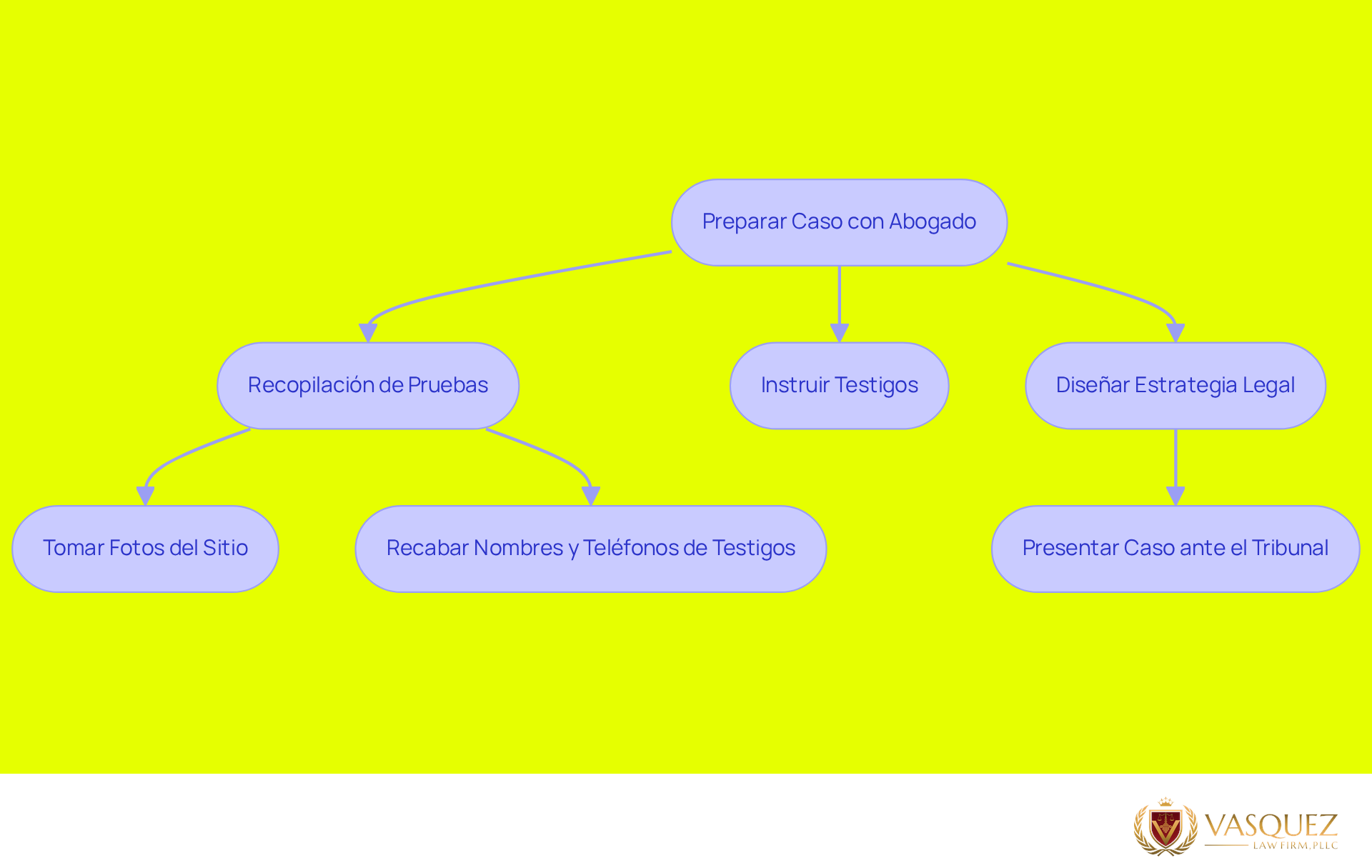 Cada cuadro representa un paso en el proceso de preparación de un caso. Sigue las flechas para ver cómo cada acción lleva a la siguiente en el camino hacia la presentación del caso en la corte.