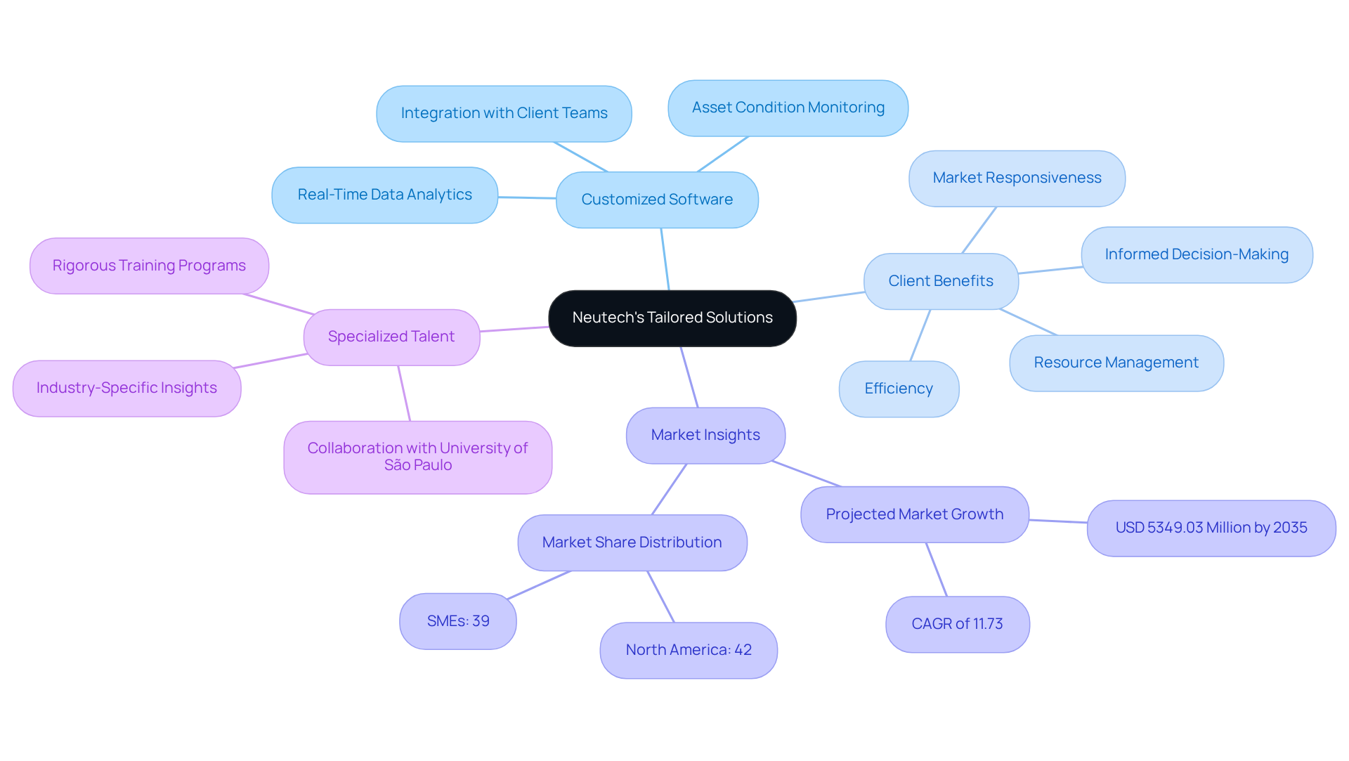 The center represents Neutech's core offering, while the branches illustrate the various benefits and insights that stem from their customized solutions. Each branch highlights how these solutions impact clients and the market.