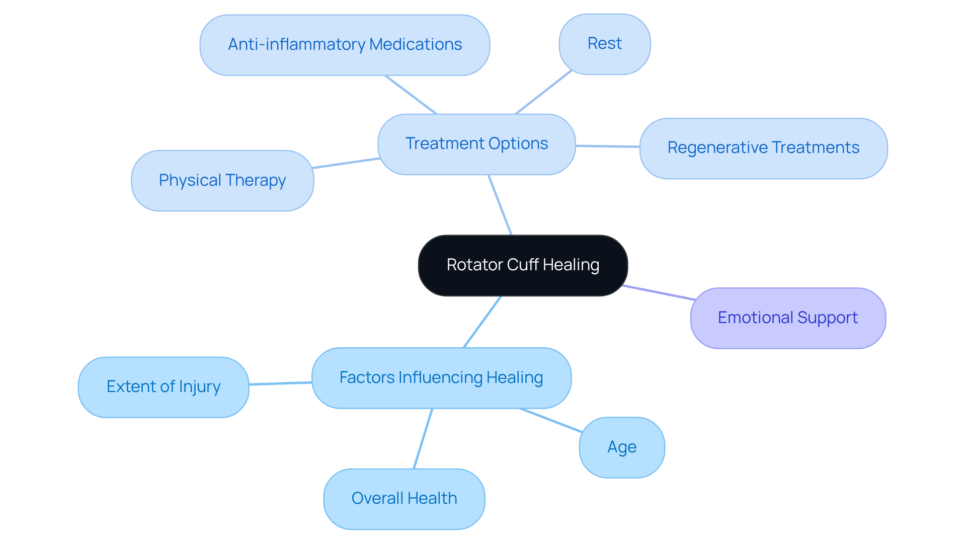 Start at the center with the main topic of healing, then explore the branches to see what factors affect recovery, the treatments available, and the emotional support offered.