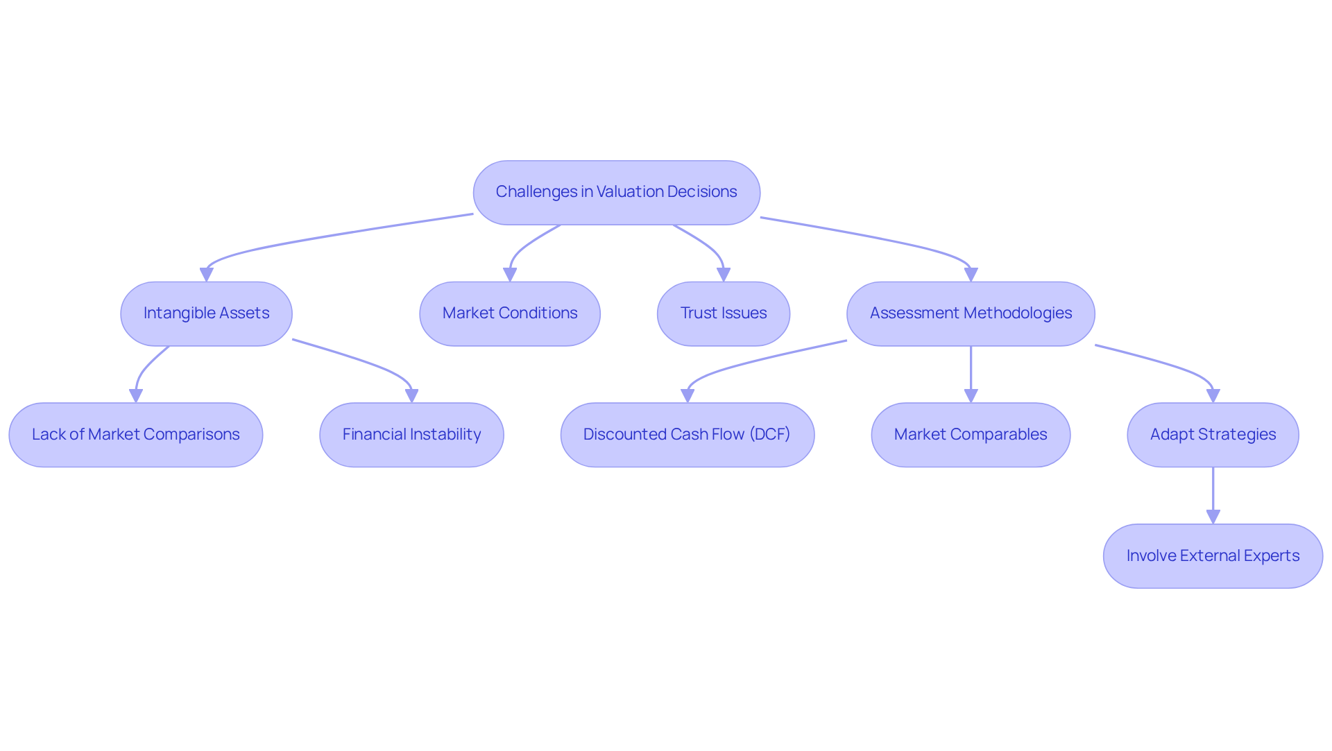 This flowchart outlines the key challenges tech CEOs face in valuation decisions and the steps they can take to address them. Start at the top with the main challenges, follow the arrows to see the methodologies available, and end with strategies for adapting to these challenges. This flowchart outlines the key challenges tech CEOs face in valuation decisions and the steps they can take to address them. Start at the top with the main challenges, follow the arrows to see the methodologies available, and end with strategies for adapting to these challenges.