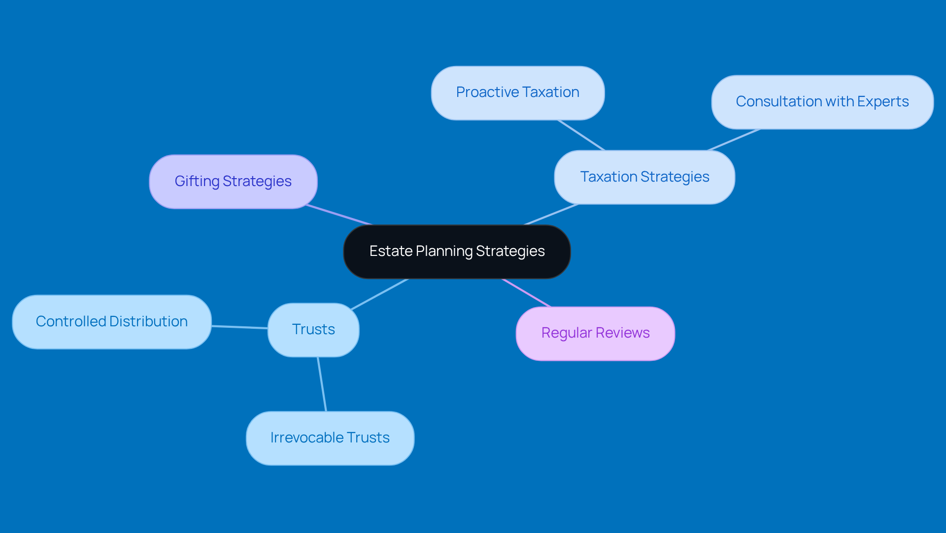 The central node represents the main topic of estate planning. Each branch shows a different strategy, and the sub-branches provide more details about each strategy. This layout helps you see how all these strategies work together to secure your legacy and optimize tax outcomes. The central node represents the main topic of estate planning. Each branch shows a different strategy, and the sub-branches provide more details about each strategy. This layout helps you see how all these strategies work together to secure your legacy and optimize tax outcomes.