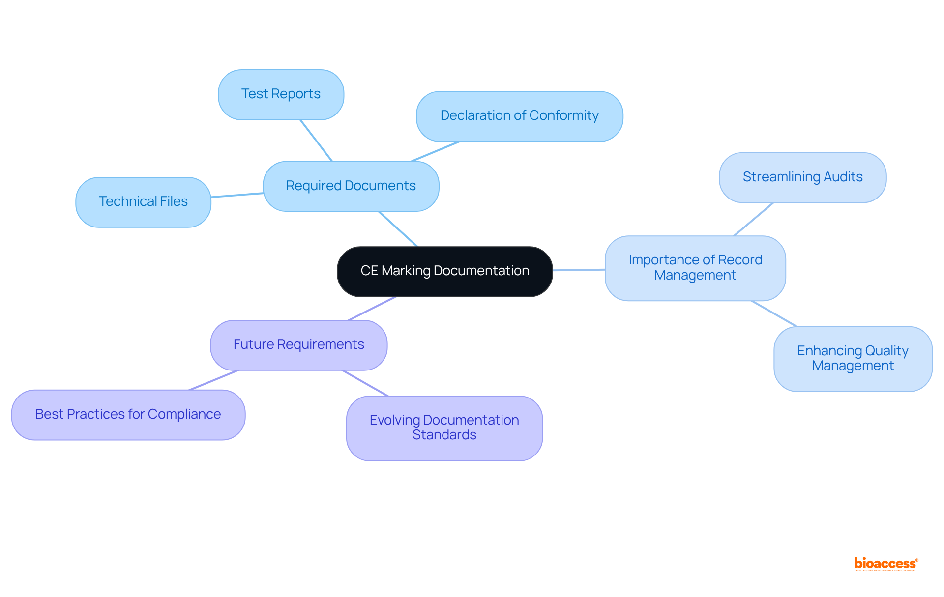 This mindmap starts at the center with the main topic of CE marking documentation, branching out to show required documents, their importance, and future considerations. Each branch represents a different aspect, making it easy to see how they relate to the overall goal of compliance.