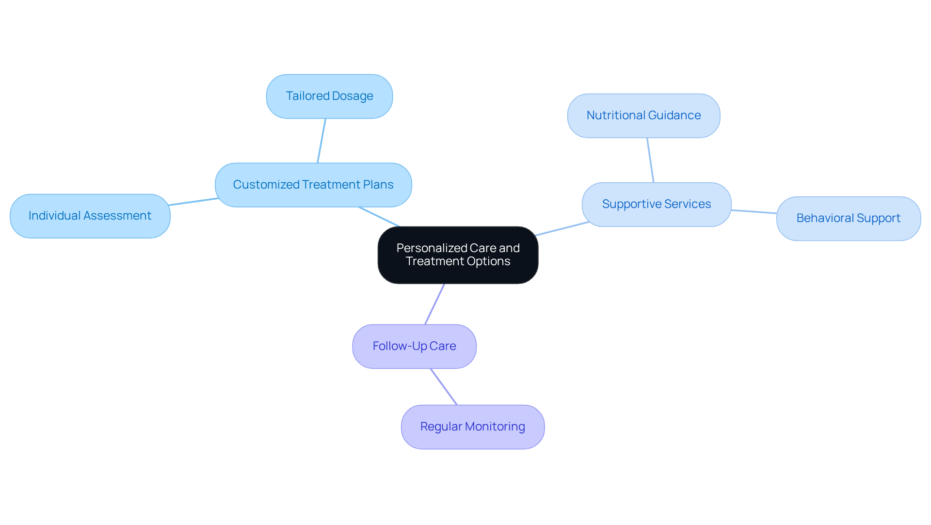 The central node represents the overall theme of personalized care, while the branches show the main categories and their specific elements. Each color-coded branch helps you easily identify different aspects of the treatment process.