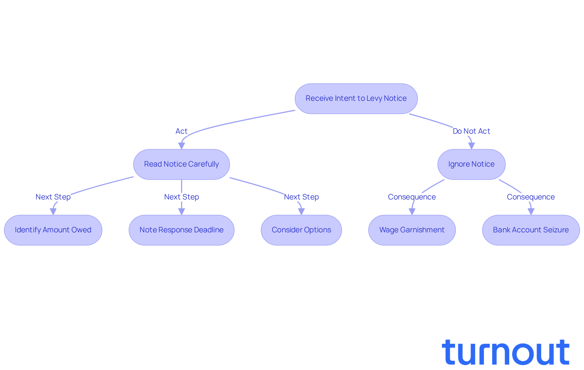 This flowchart guides you through what to do when you receive an intent to levy notice. Follow the arrows to see the steps you should take and the potential consequences of ignoring the notice.