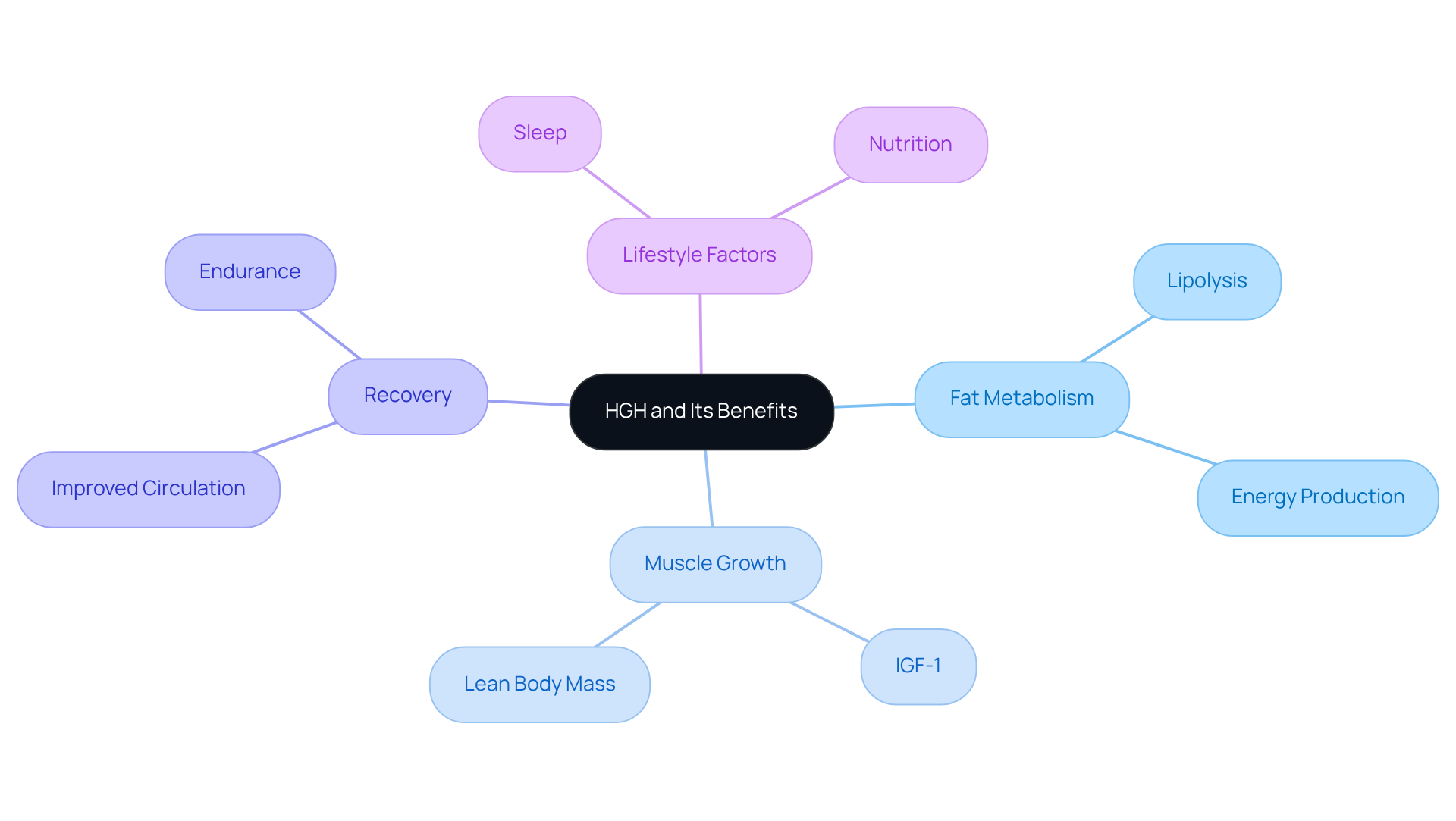 The central node represents HGH, while the branches show how it affects fat metabolism, muscle growth, recovery, and lifestyle. Each sub-branch provides more detail on specific aspects, helping you understand the full picture of HGH's benefits.