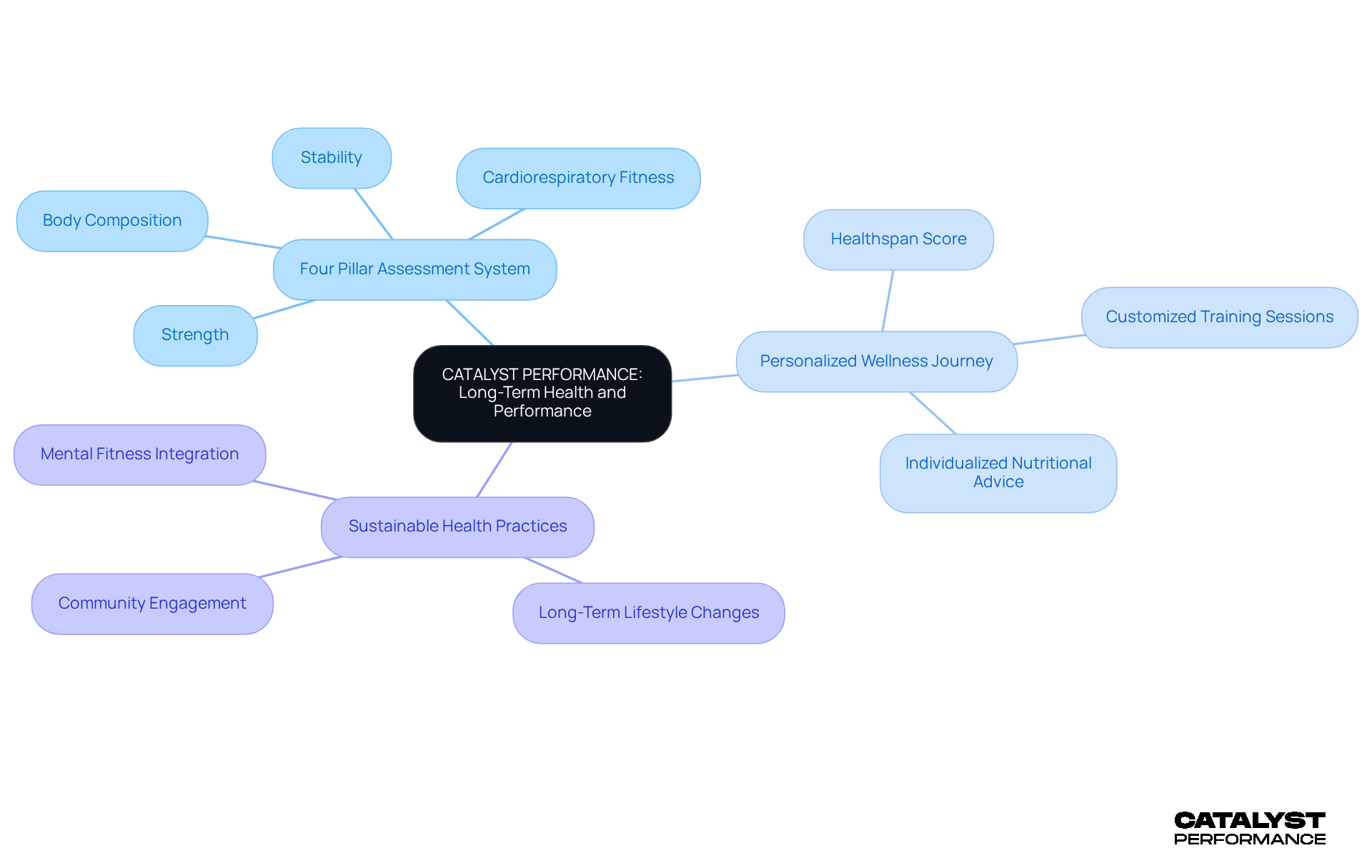 Start at the center with the main focus on long-term health. Follow the branches to explore the Four Pillar Assessment System and see how each dimension contributes to a personalized wellness journey.