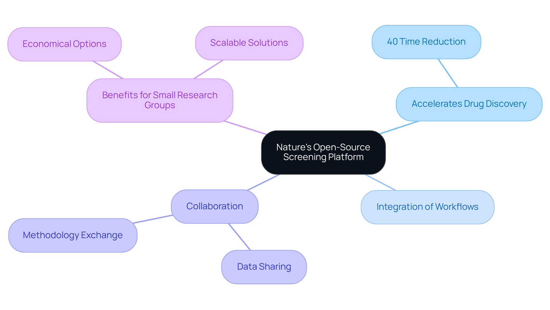 The central node represents the platform, and the branches show its key features and benefits. Each branch highlights an important aspect of how the platform supports drug discovery and collaboration among researchers.