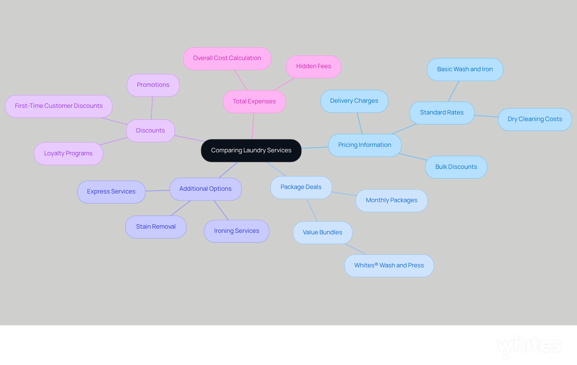 Begin at the center with the main topic of comparing laundry services, then explore each branch to see the important factors to consider, like pricing and additional services.