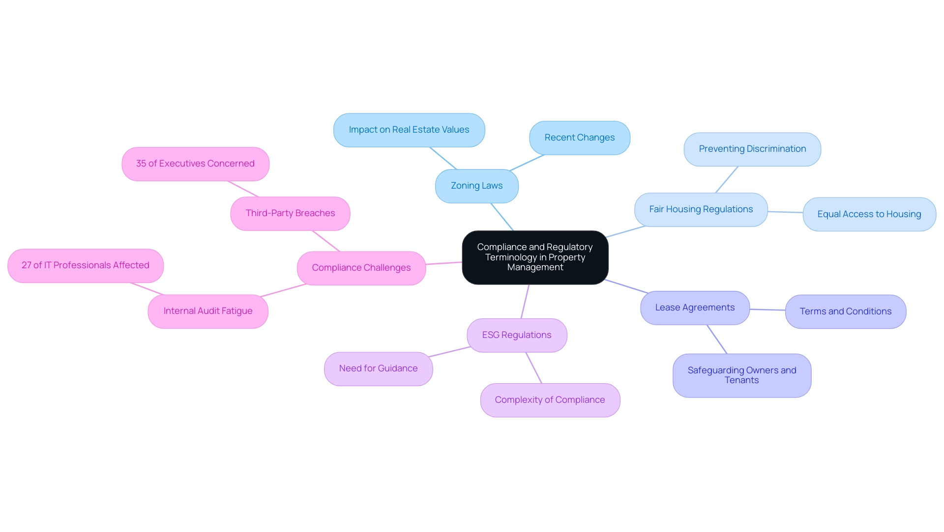 Each branch represents a key compliance term, with sub-branches detailing related challenges or implications. Different colors indicate different categories of terms.