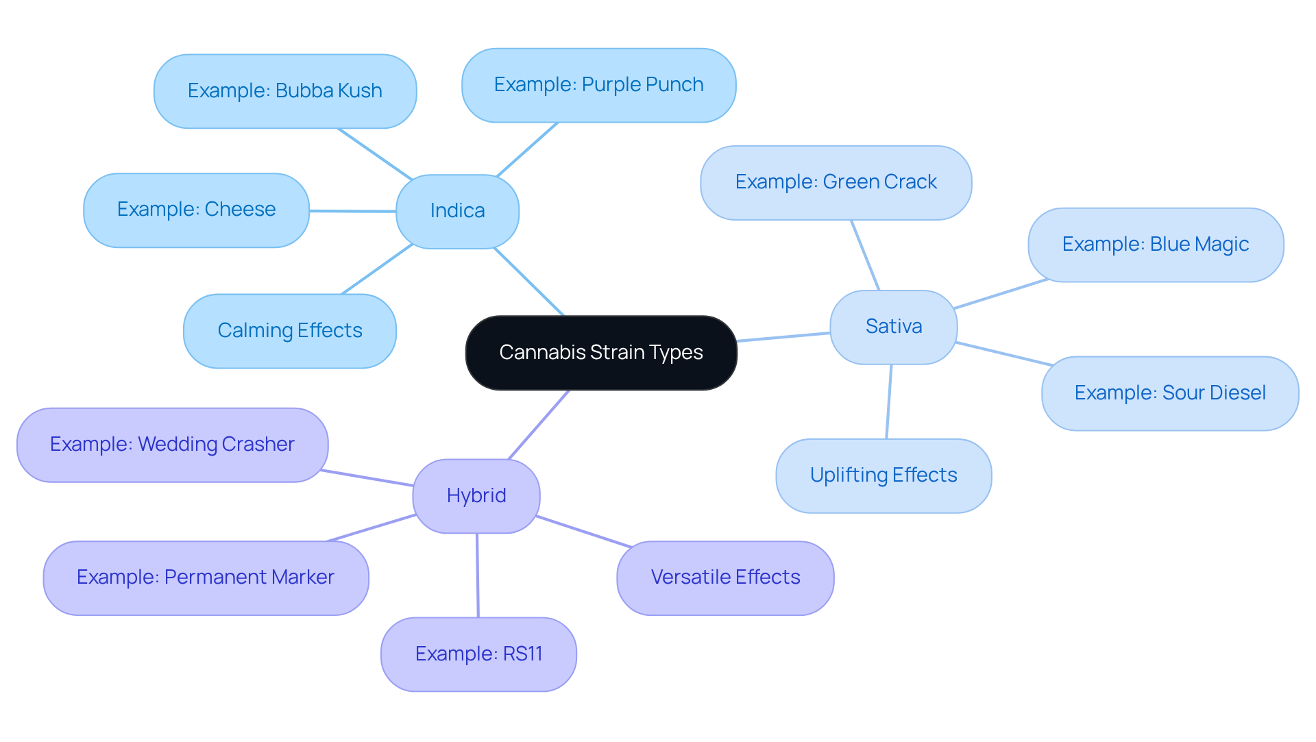 The central node represents the main topic of cannabis strains. Each branch shows a type of strain, and the sub-branches explain their effects and provide examples. This layout helps you see how each strain type relates to its effects, making it easier to choose the right product. The central node represents the main topic of cannabis strains. Each branch shows a type of strain, and the sub-branches explain their effects and provide examples. This layout helps you see how each strain type relates to its effects, making it easier to choose the right product.