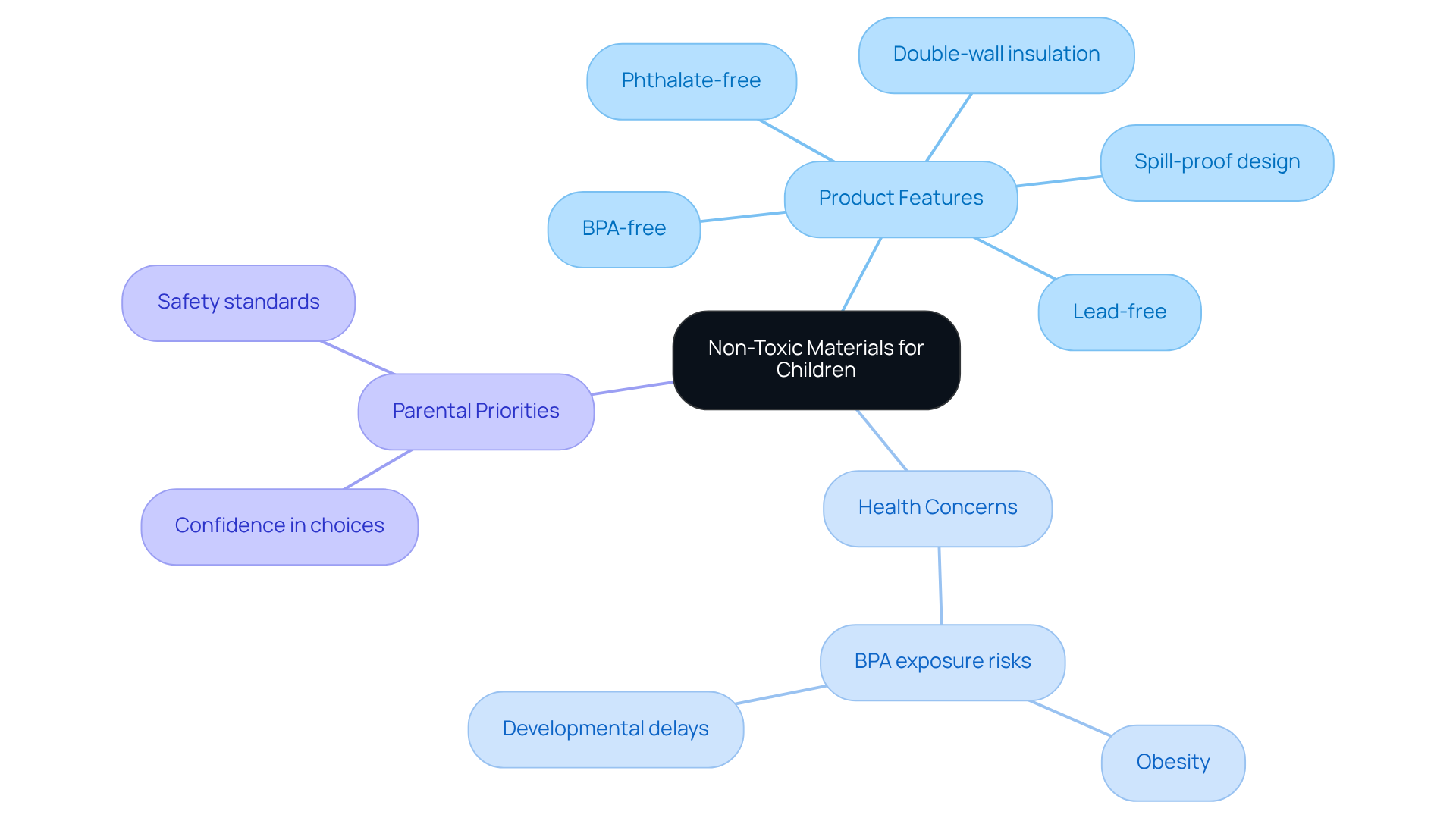 This mindmap starts with the main idea of non-toxic materials and branches out to show important features of the My First Travel Tumbler, health concerns related to harmful substances, and what parents prioritize when choosing products for their children. This mindmap starts with the main idea of non-toxic materials and branches out to show important features of the My First Travel Tumbler, health concerns related to harmful substances, and what parents prioritize when choosing products for their children.