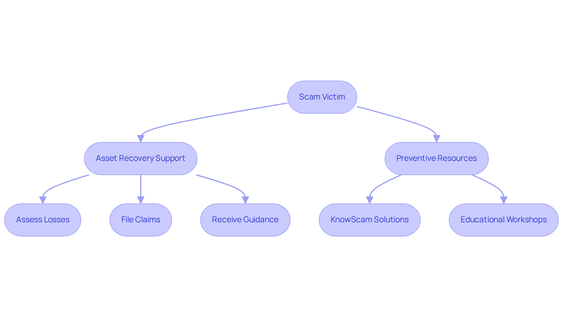 This flowchart shows the steps scam victims can take for recovery and prevention. Follow the arrows to see how support is structured, from recovery to education on avoiding future scams.