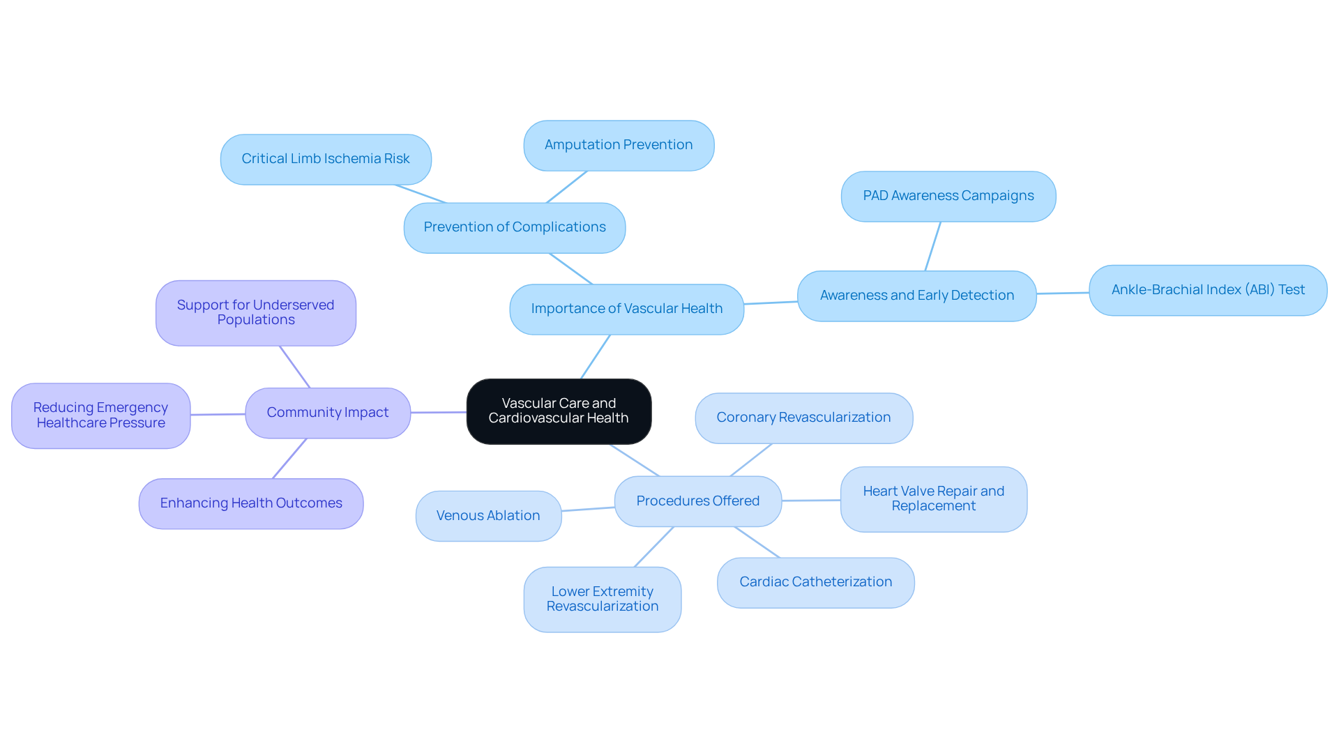 This mindmap illustrates the key aspects of vascular care. Start at the center with the main idea, then explore how vascular health is crucial, the procedures available, and the broader impact on the community. Each branch represents a different area of focus, helping you see how everything connects.