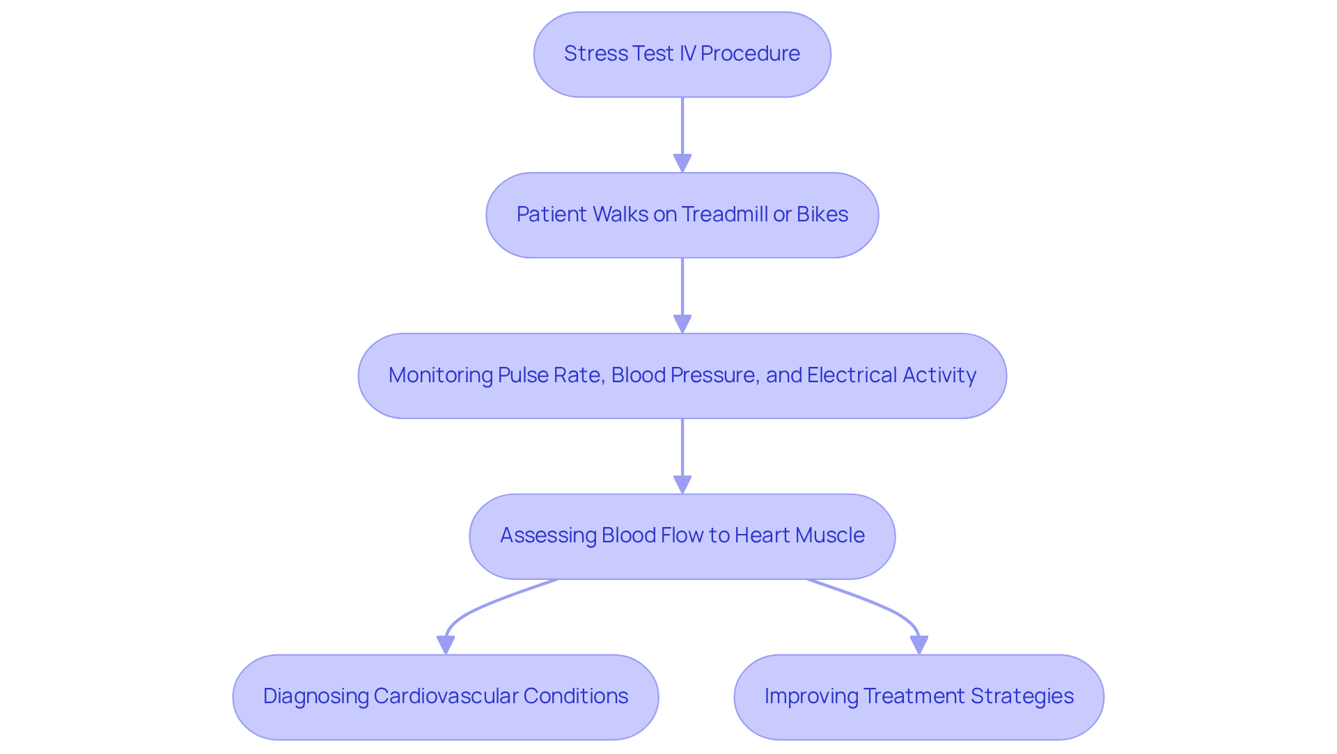 This flowchart shows the steps taken during a stress test and how they lead to important health insights. Follow the arrows to see how the procedure connects to diagnosing heart conditions and improving treatment.