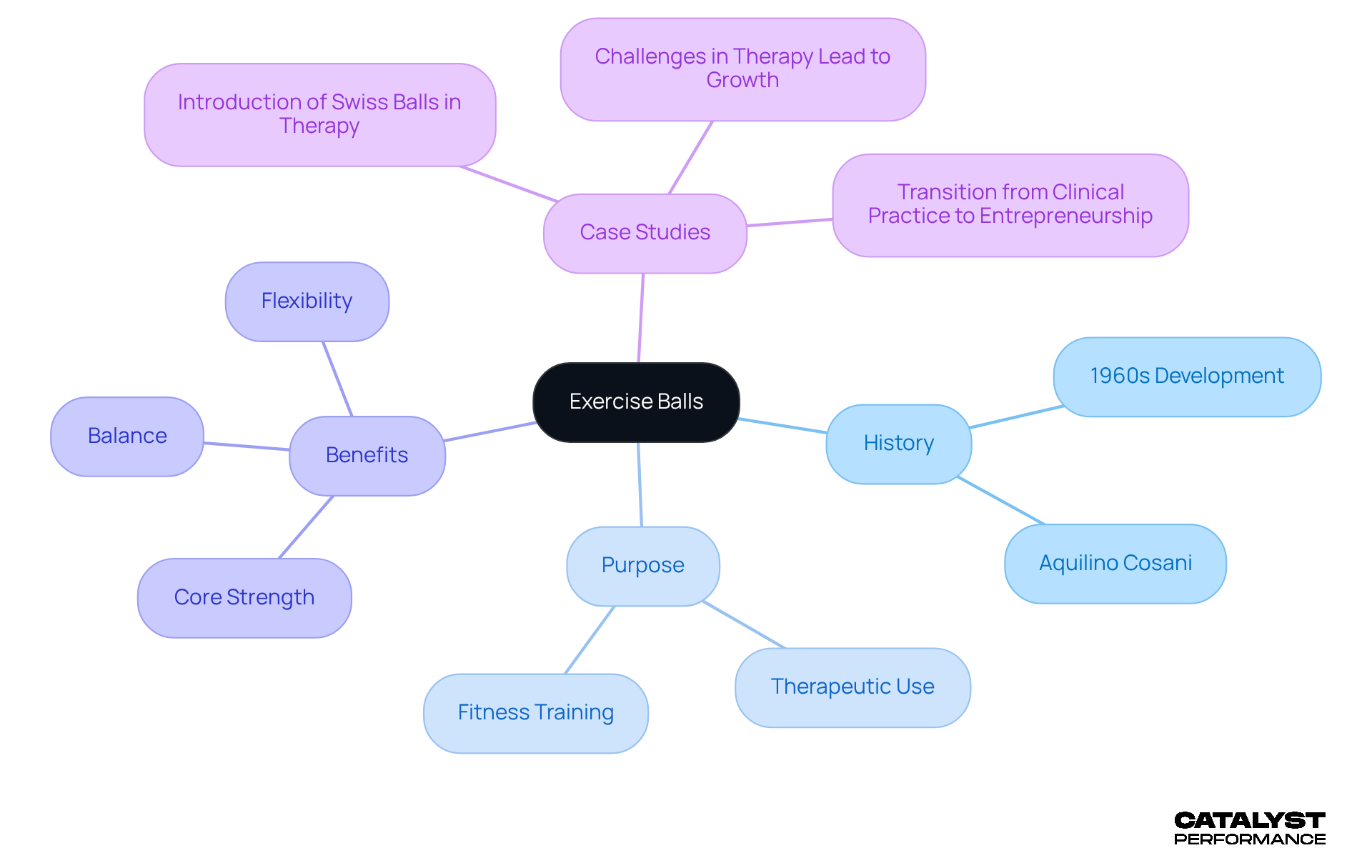 The center represents exercise balls, with branches showing their history, purpose, and benefits. Each branch connects to specific details, helping you see how everything relates to the overall topic. The center represents exercise balls, with branches showing their history, purpose, and benefits. Each branch connects to specific details, helping you see how everything relates to the overall topic.