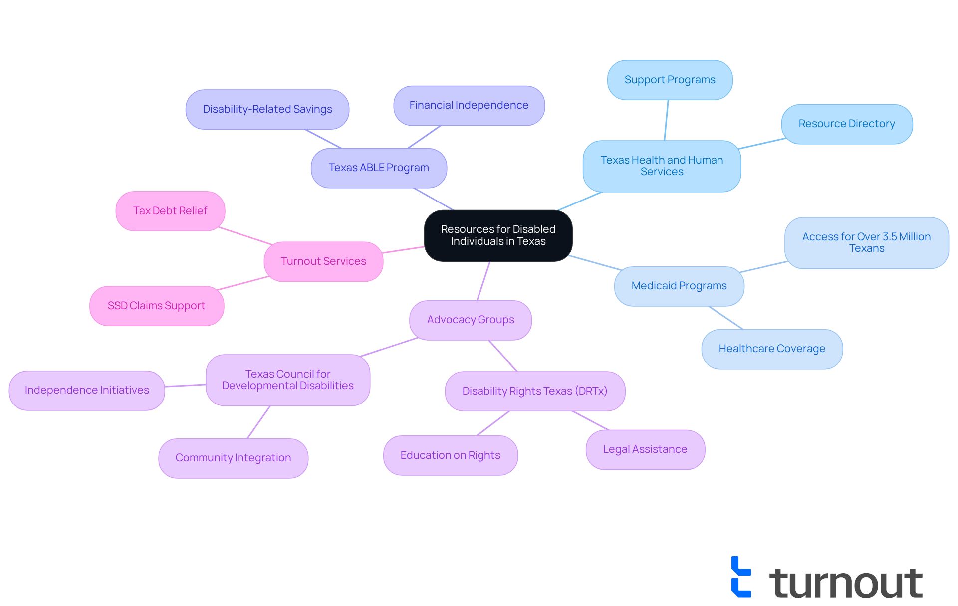The central node represents the main theme, while the branches show different resources and initiatives available. Each branch highlights a specific program or organization that supports disabled individuals, making it easy to understand the landscape of available help.